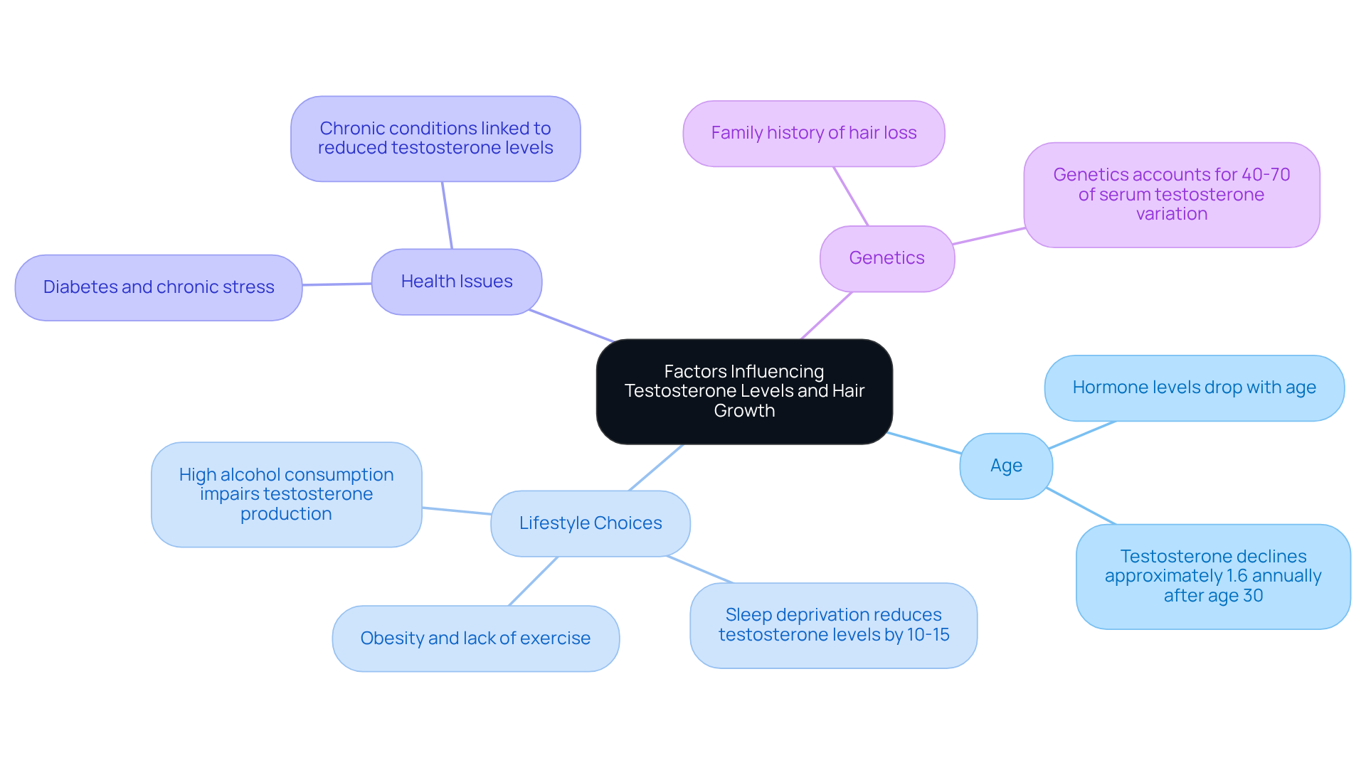 The central node represents the main topic, while the branches show different factors that can affect testosterone levels and hair growth. Each color-coded branch helps you easily identify the category and its related details.