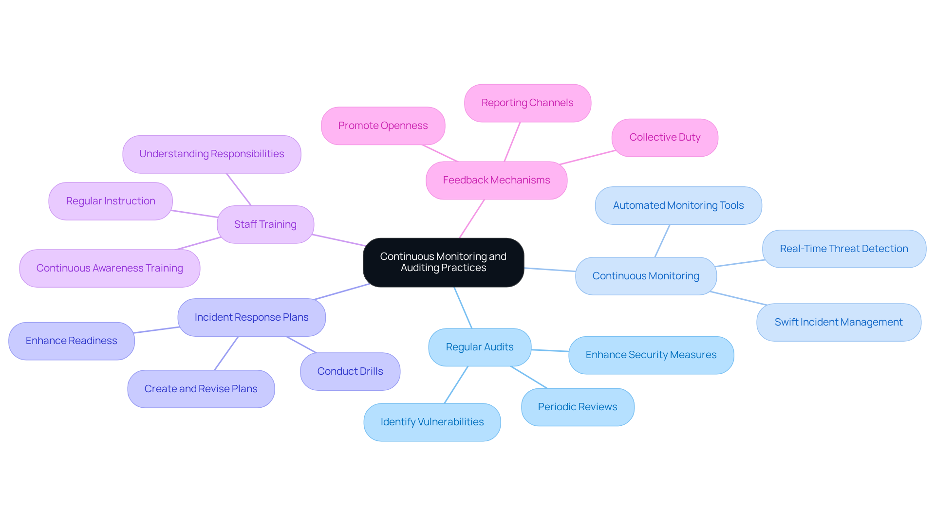 The central node represents the main focus on continuous monitoring and auditing. Each branch shows a specific practice that contributes to data security, with further details available under each practice. This layout helps visualize how these practices work together to protect sensitive information.