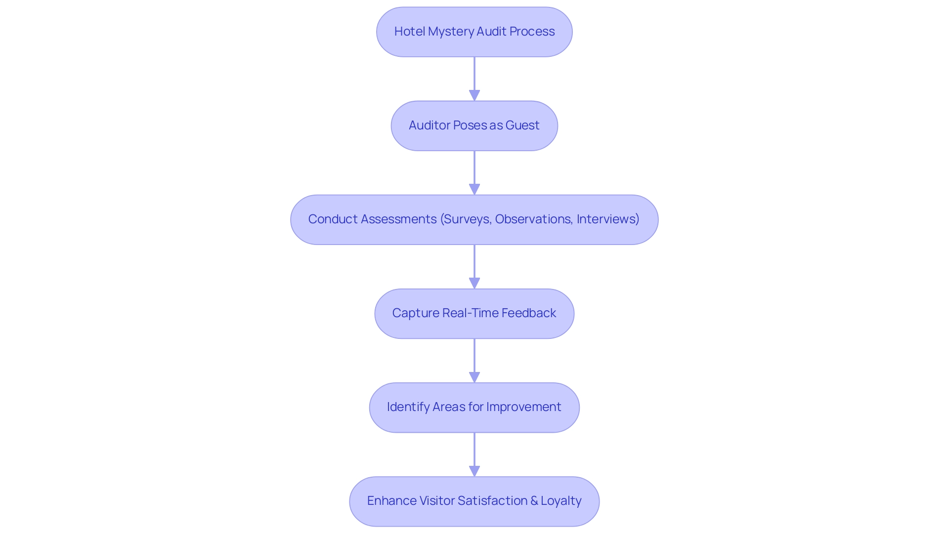 Each box represents a stage in the hotel mystery audit process, with arrows indicating the flow of actions leading to improved visitor satisfaction.