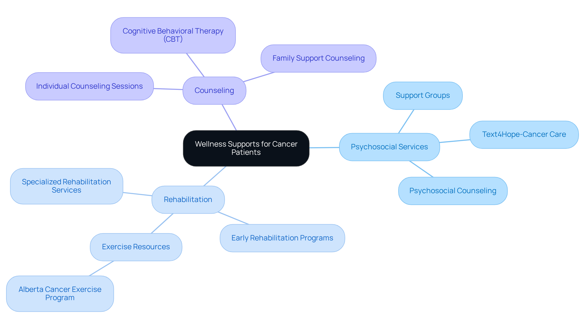 The center represents the overall wellness support theme, while the branches show the specific services available. Each branch highlights a different aspect of care, illustrating how Alberta Health Services addresses both physical and emotional needs.