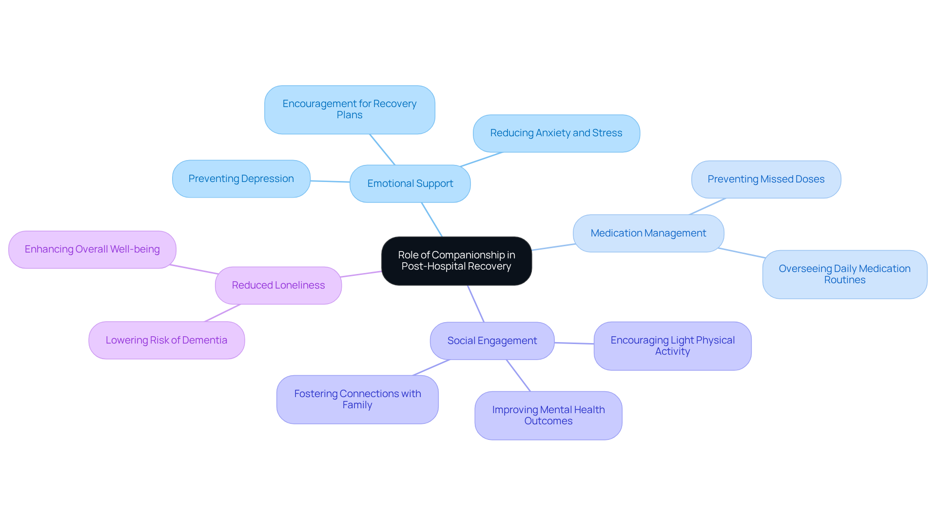 The central node represents the overall theme, while branches show specific roles of companionship in recovery. Each color-coded branch highlights different areas of support that can aid in the healing process.