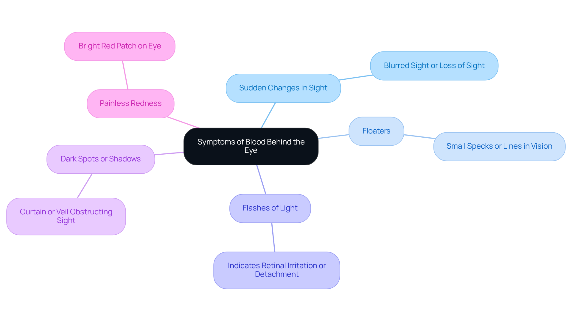 This mindmap starts with the main topic in the center and branches out to show different symptoms. Each branch represents a specific symptom, helping you understand what to look for if you suspect blood behind the eye.
