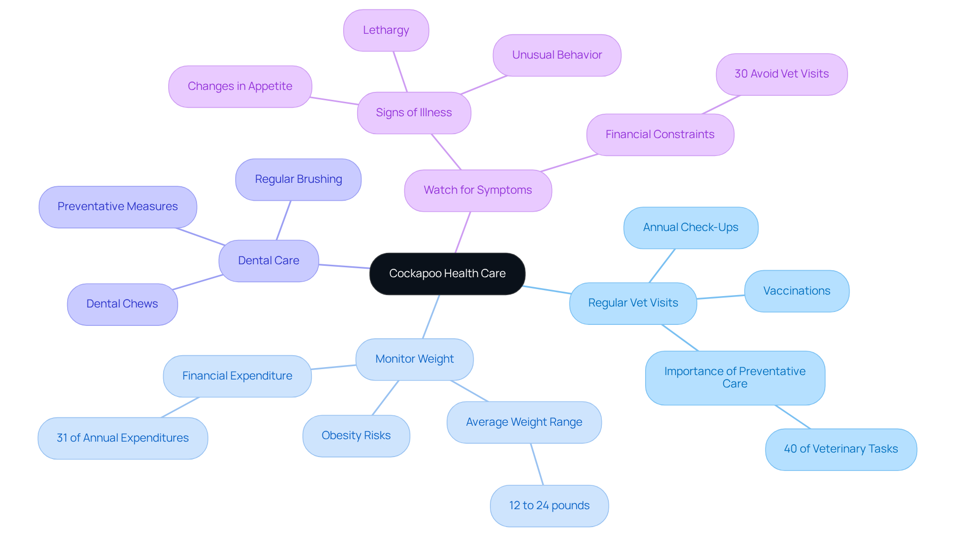 Start in the center with the overall health care theme. Each branch represents a key area of focus for keeping your Cockapoo healthy, with further details on what to do under each category.