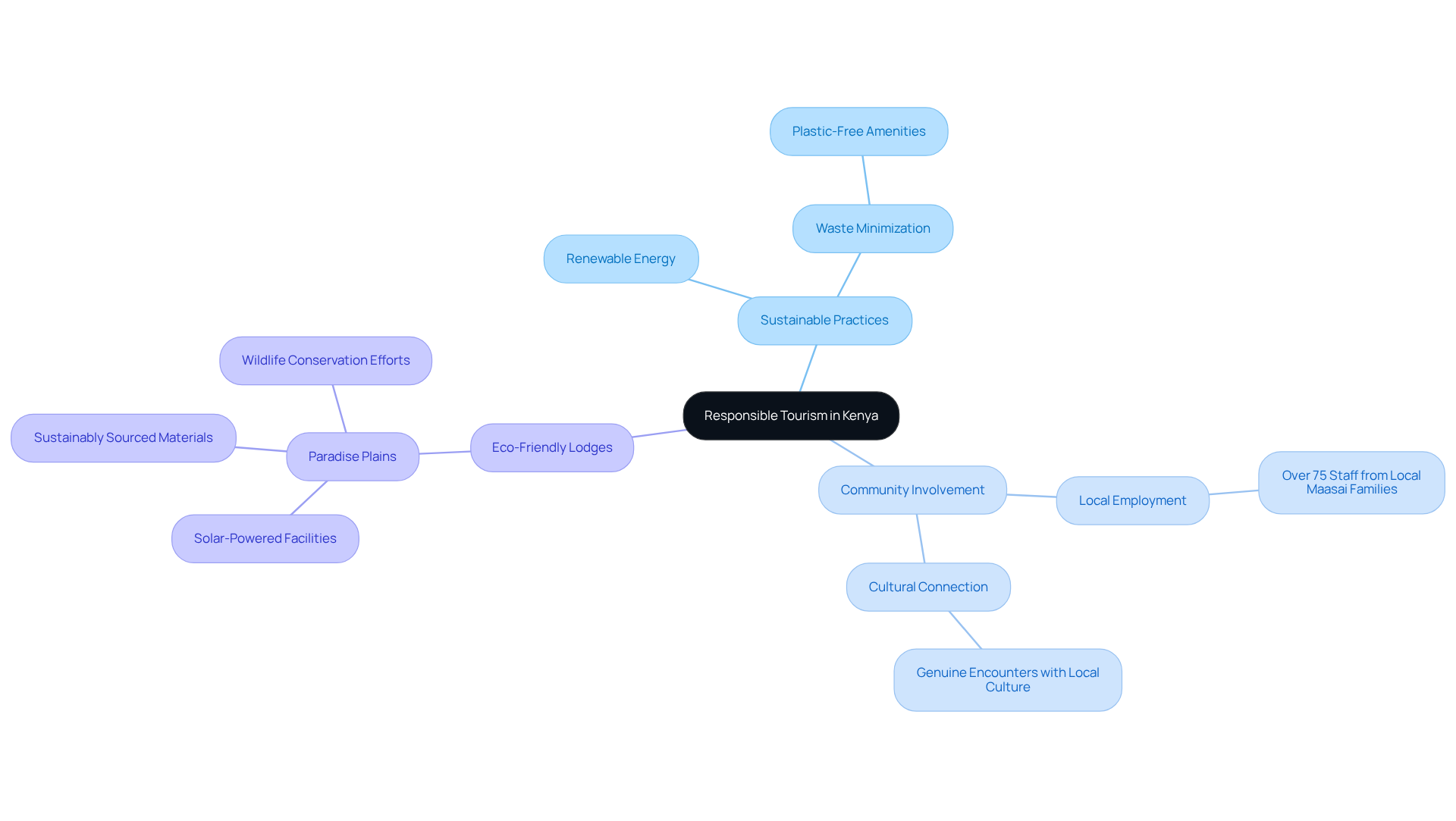 The central node represents the main theme of responsible tourism, while the branches show different aspects that contribute to this concept. Each sub-branch provides specific examples or details, helping you understand how they all connect.