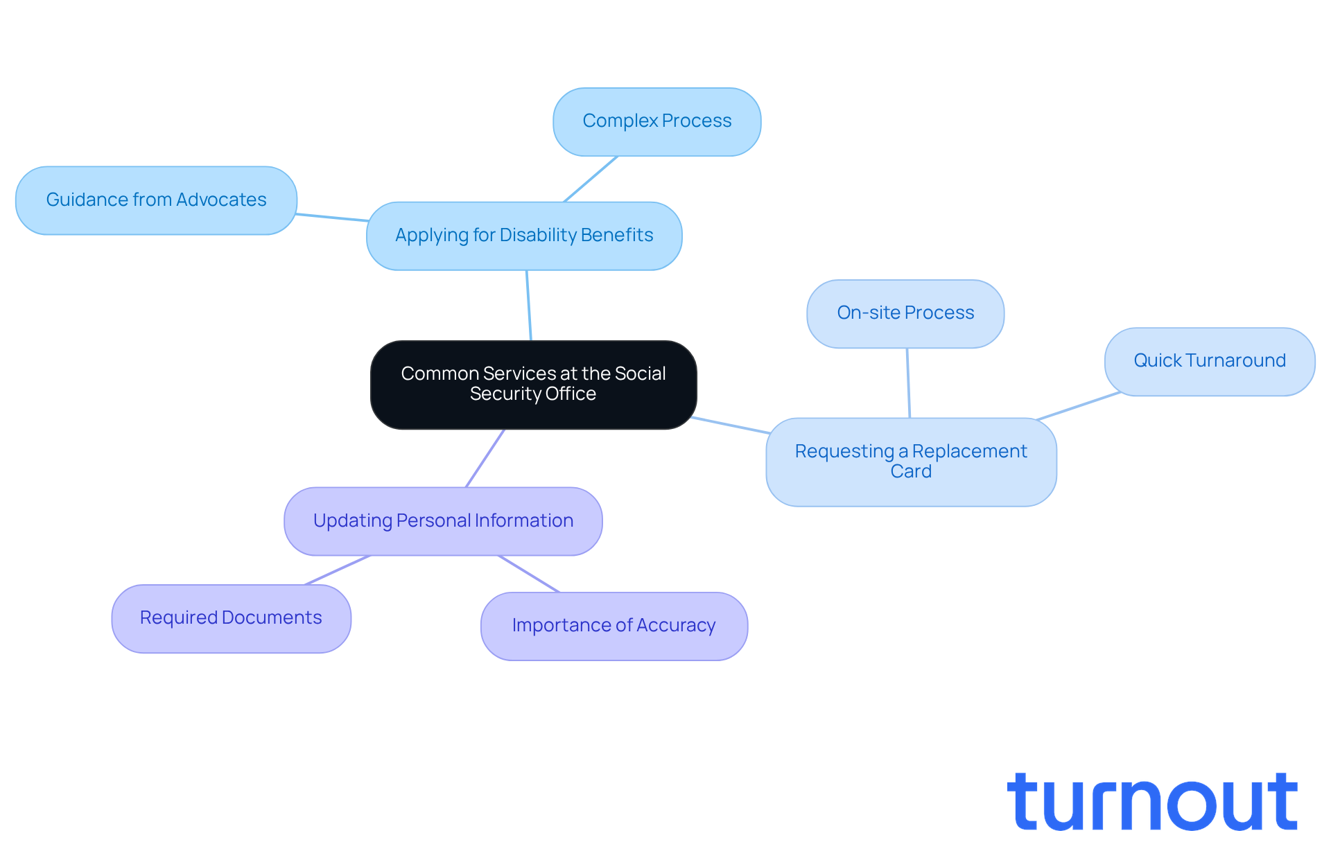 The center shows the main theme of common services, and the branches represent specific tasks you might need to do. Each task has additional details to help you understand what to expect during your visit.