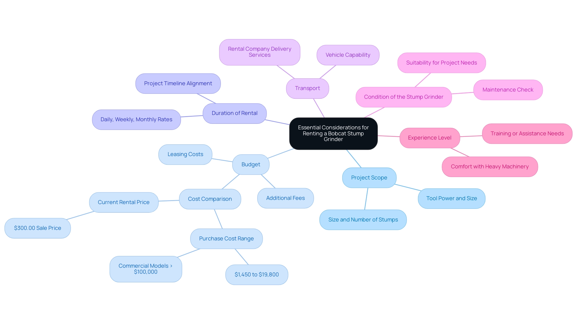 Each branch represents a key consideration for renting, with sub-branches providing additional context or details.