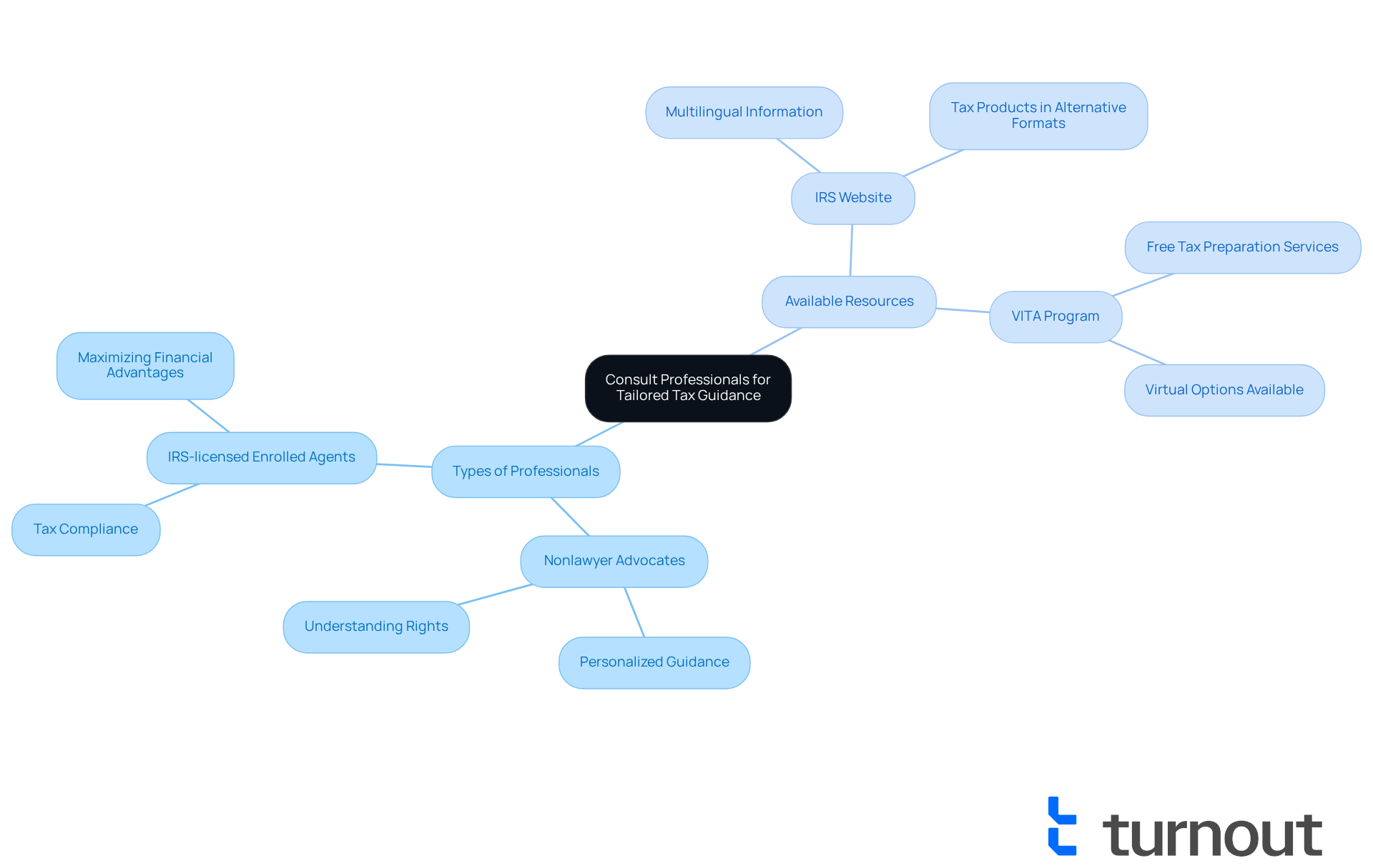 Start at the center to see the main theme of seeking tailored tax guidance, then follow the branches to explore different types of professionals and resources available to assist you on this journey.