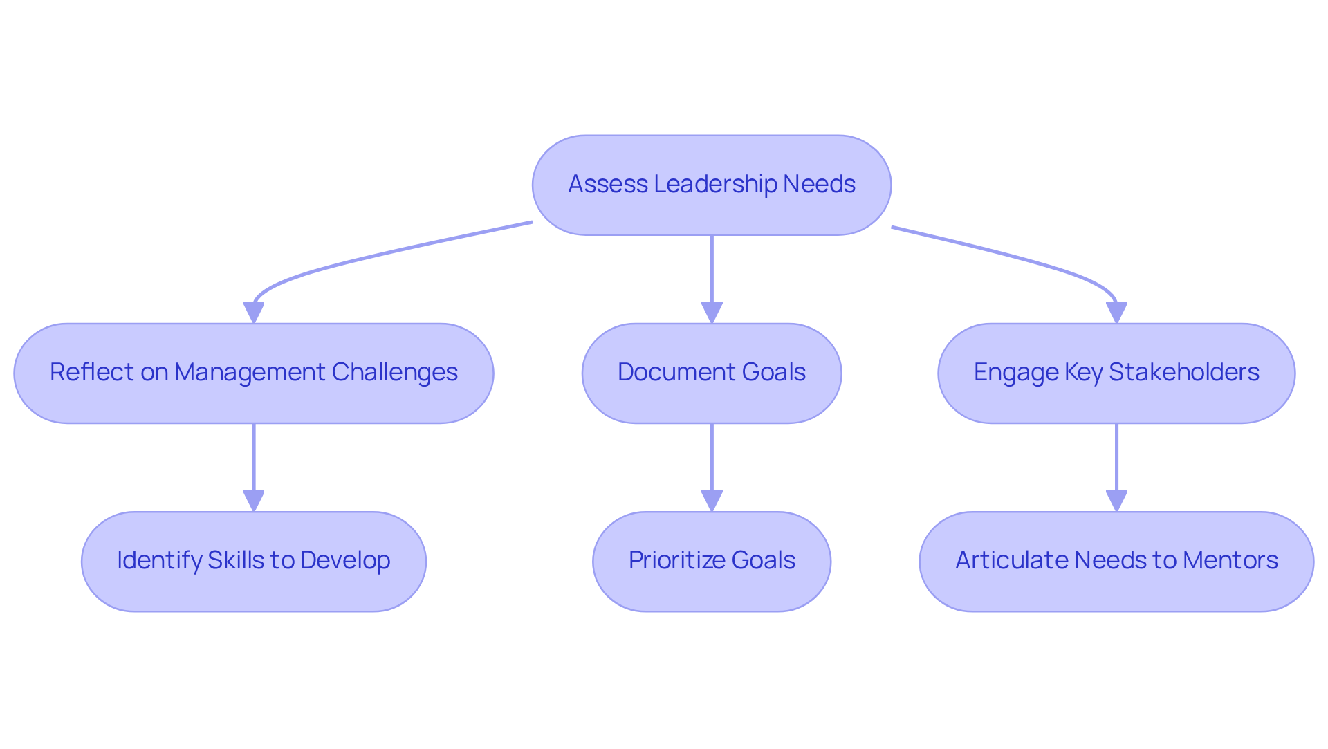 This flowchart guides you through assessing your leadership needs. Start at the top with assessing your needs, then follow the arrows to see the steps you should take, including reflecting on challenges, documenting your goals, and engaging with stakeholders for insights.