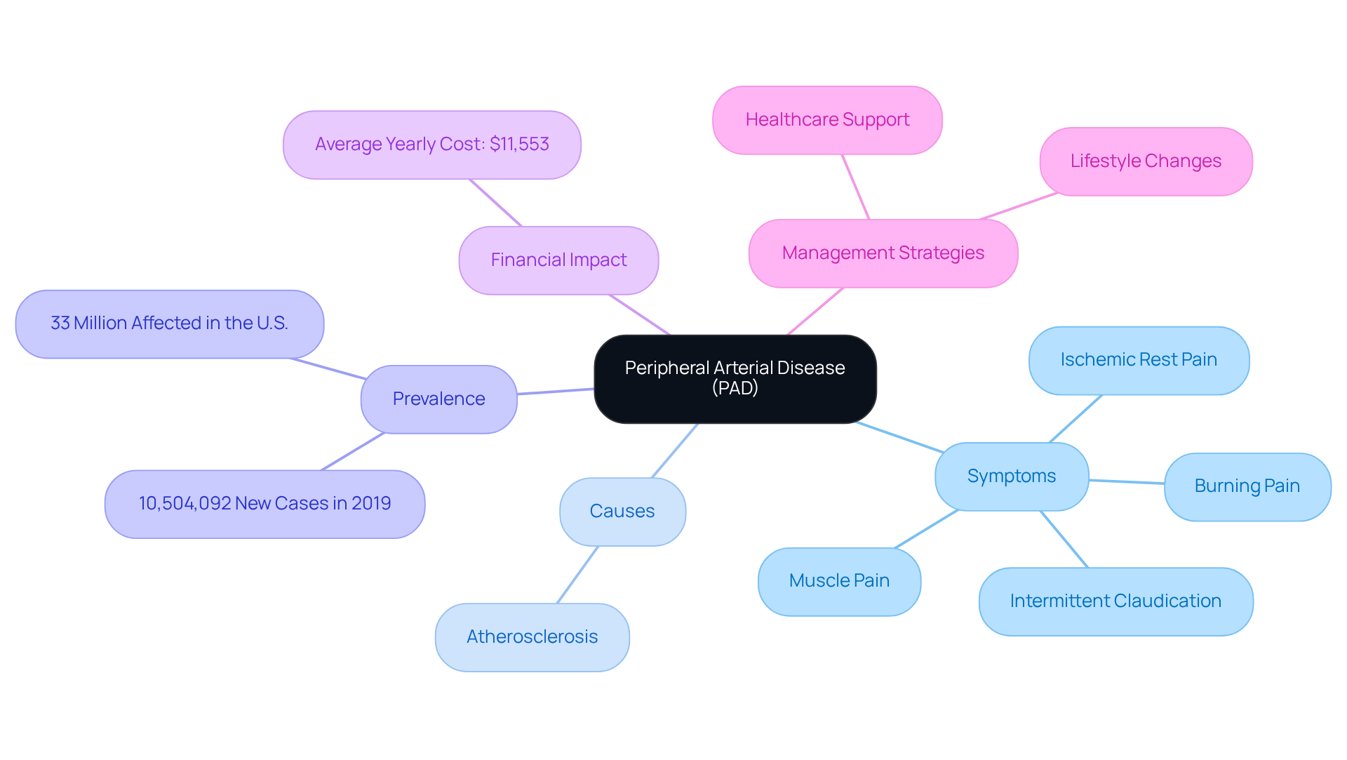 The central node represents PAD, and each branch shows different aspects of the condition. Follow the branches to learn about symptoms, causes, how many people are affected, the financial burden, and ways to manage PAD effectively.