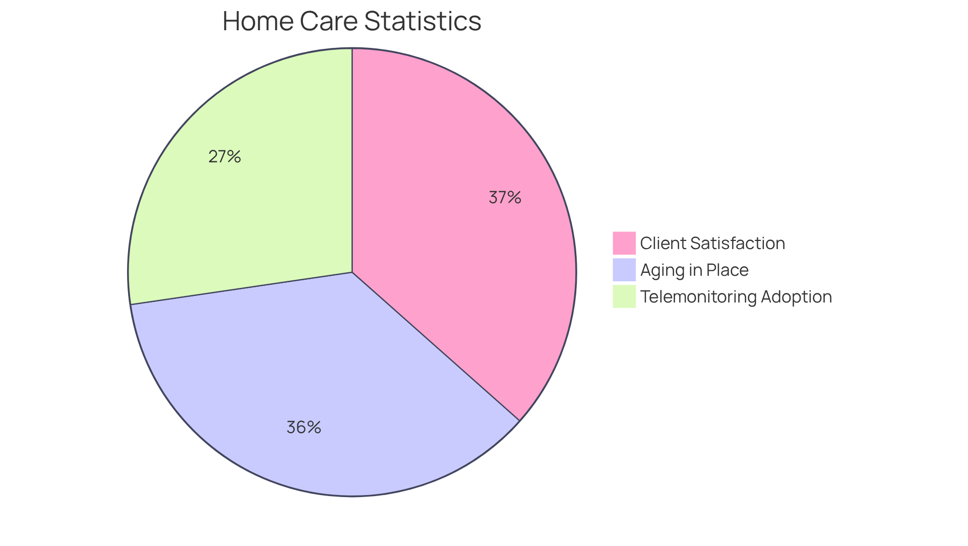Each slice shows a statistic related to in-home care services: the first slice represents seniors choosing to age in place, the second shows client satisfaction with providers, and the third illustrates agencies using new technologies. A larger slice means a higher percentage!