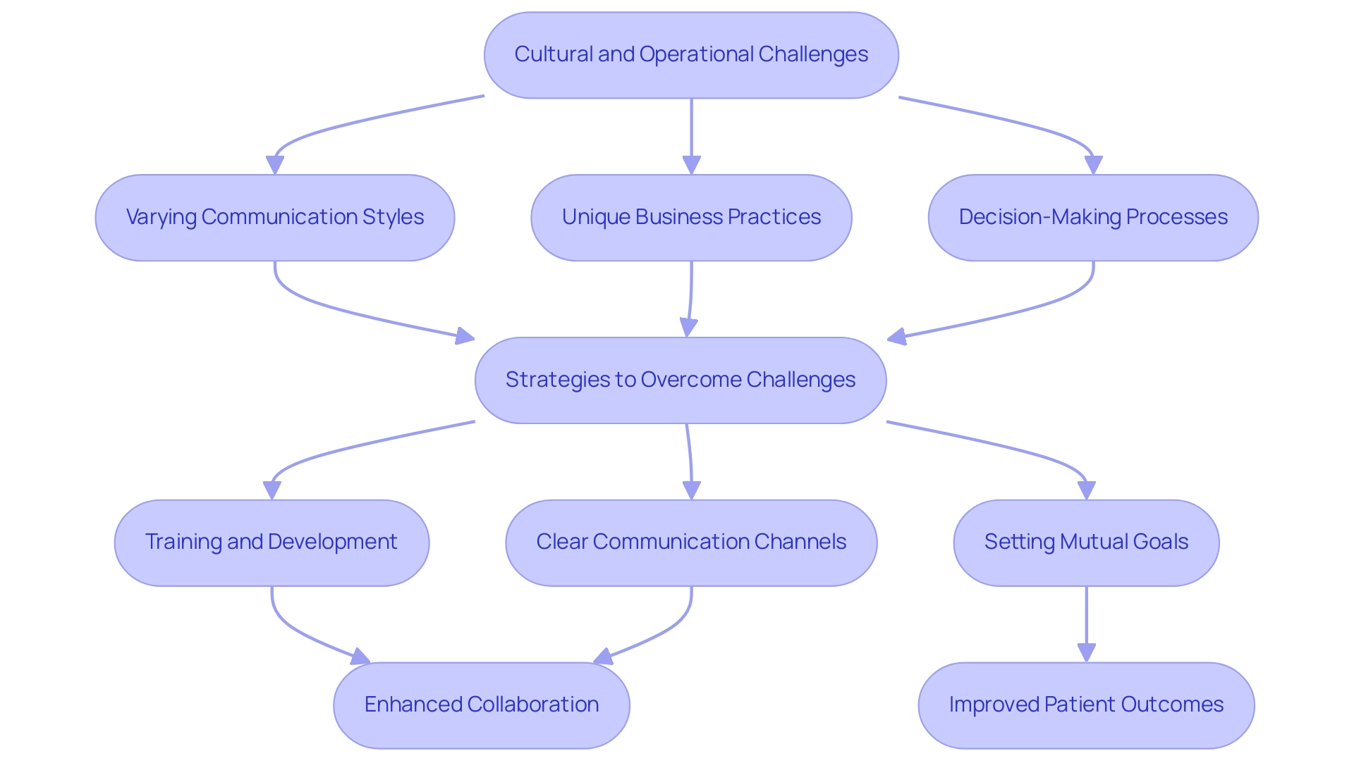 The flowchart uses different colors to represent challenges (red), strategies (blue), and outcomes (green), with arrows indicating the progression from challenges to solutions and results.