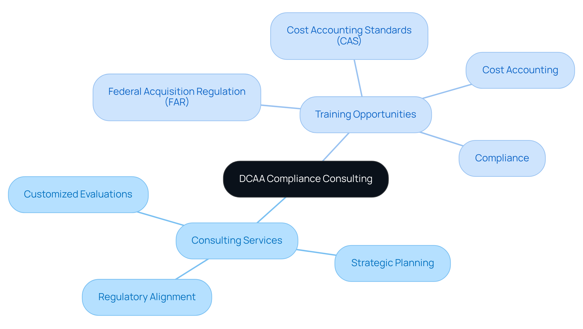Start at the center with DCAA Compliance Consulting, then explore the branches to see the consulting services and training topics that help businesses navigate regulations.