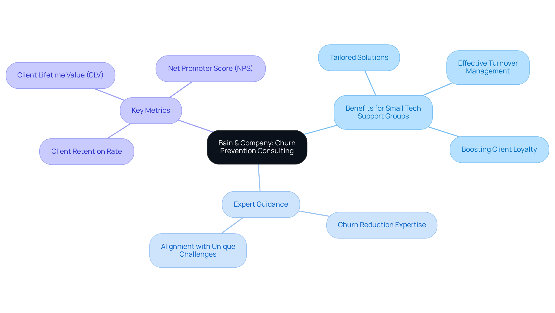 The center represents Bain & Company's consulting focus, with branches showing how they help small tech teams and the important metrics to measure success. Follow the branches to understand the full scope of their services.