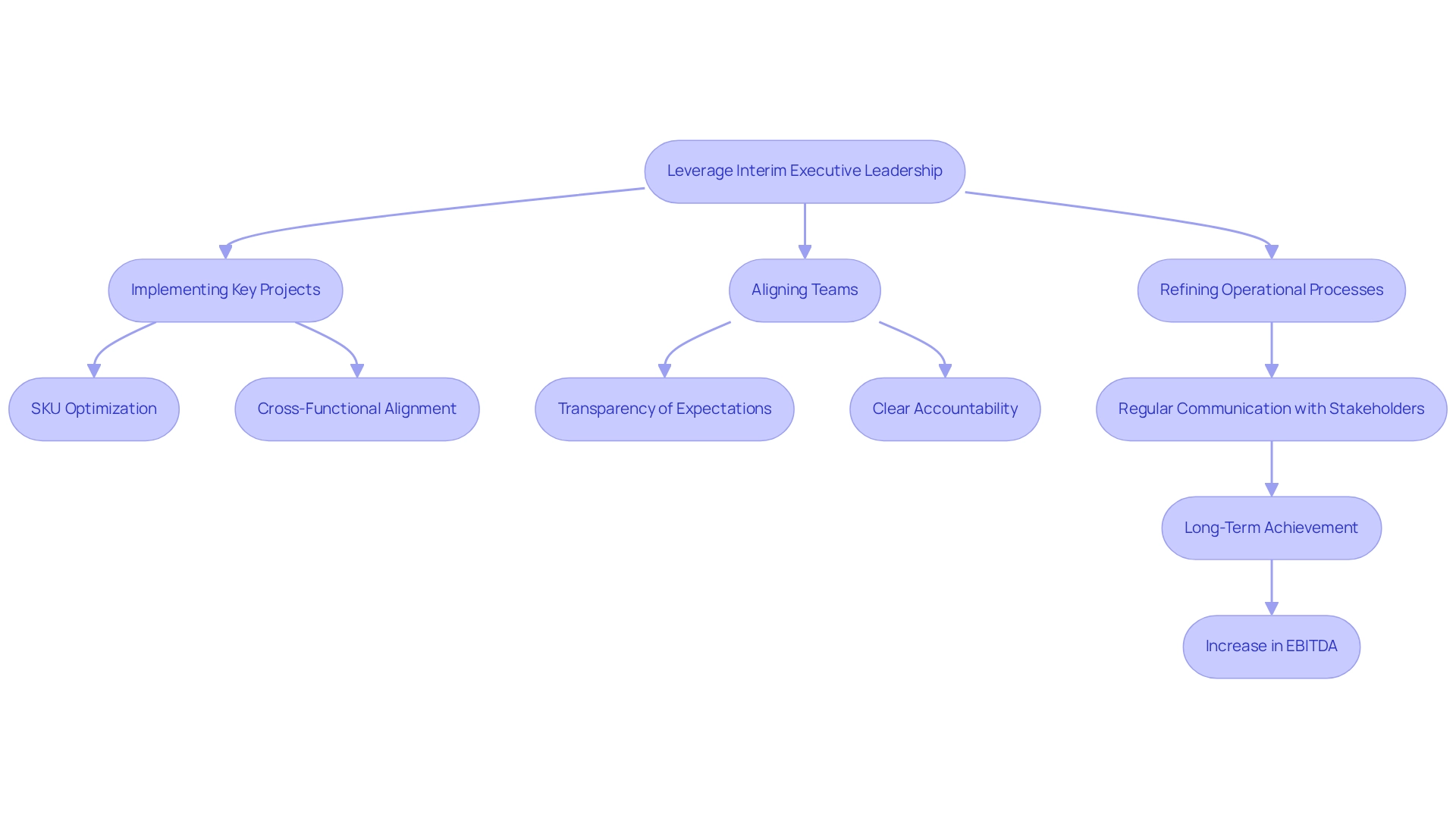This flowchart shows the steps involved in effectively leveraging interim leaders. Each box represents a focus area or step, and the arrows indicate the flow of actions needed to achieve strategic guidance and success.