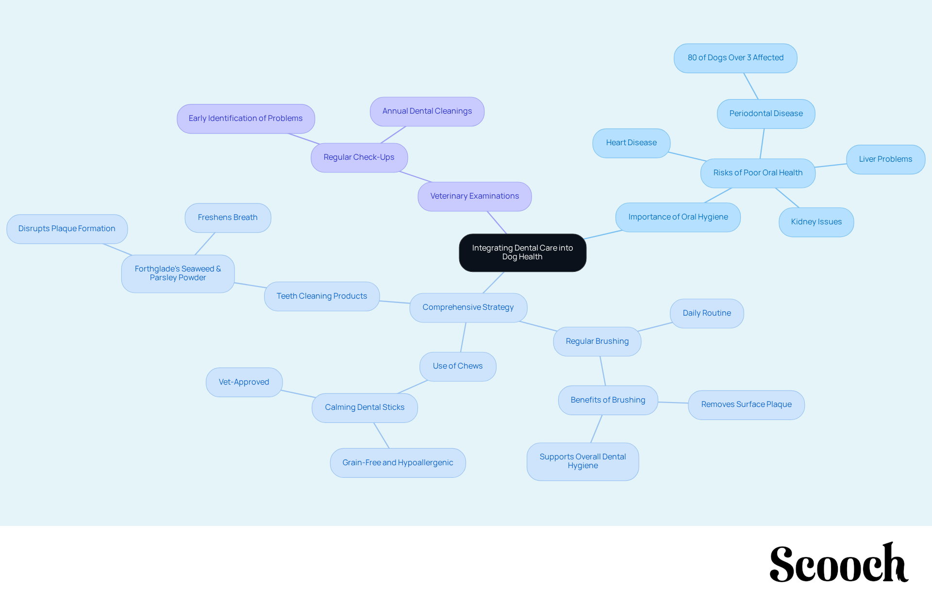The center represents the main idea of dental care in dog health. Follow the branches to explore why oral hygiene matters and the specific strategies you can use to keep your dog healthy.