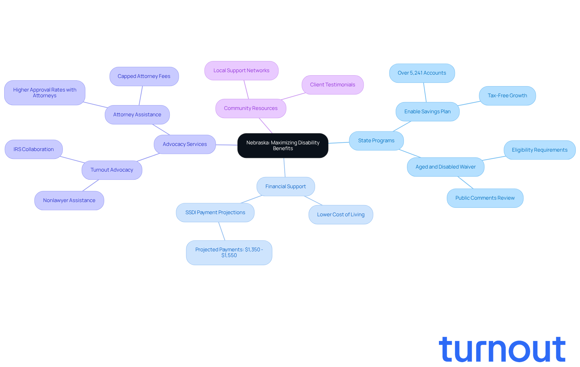 The central node represents Nebraska's commitment to disability benefits, while branches show different areas of support. Each branch connects to specific programs or resources that help individuals maximize their benefits.