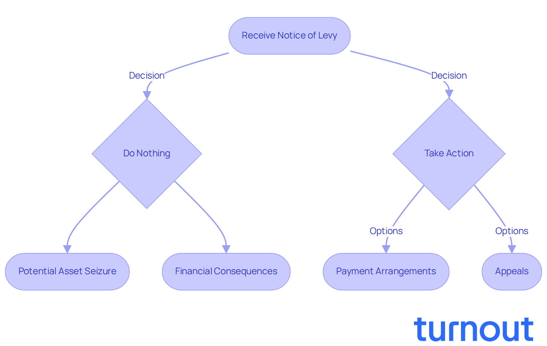 This flowchart shows what happens when you receive a Notice of Levy. Follow the arrows to see your options and the consequences of your choices. Remember, taking action can help prevent serious financial issues!
