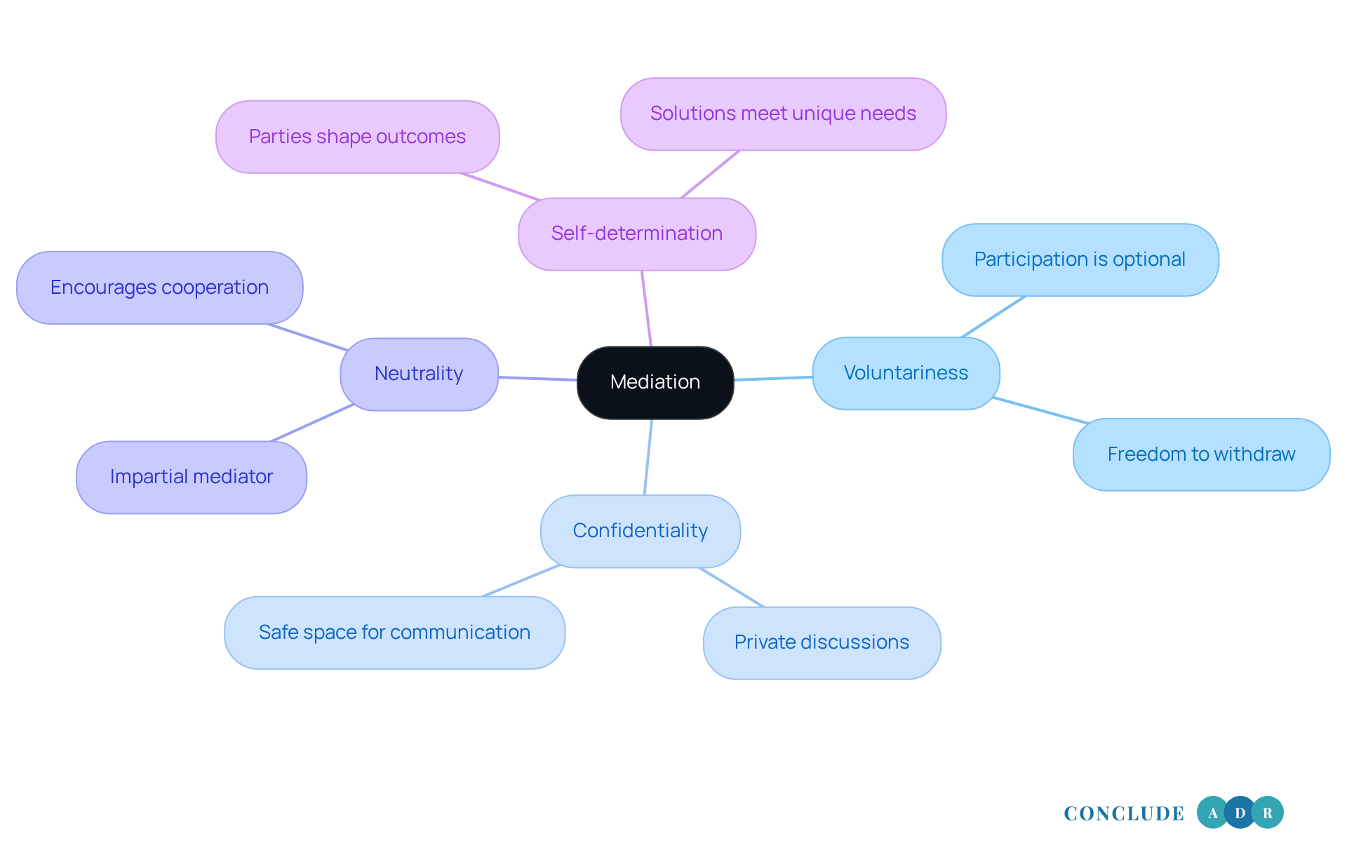 The center represents mediation, and the branches show the key principles that define it. Each principle is explained in a way that highlights its importance in the mediation process.