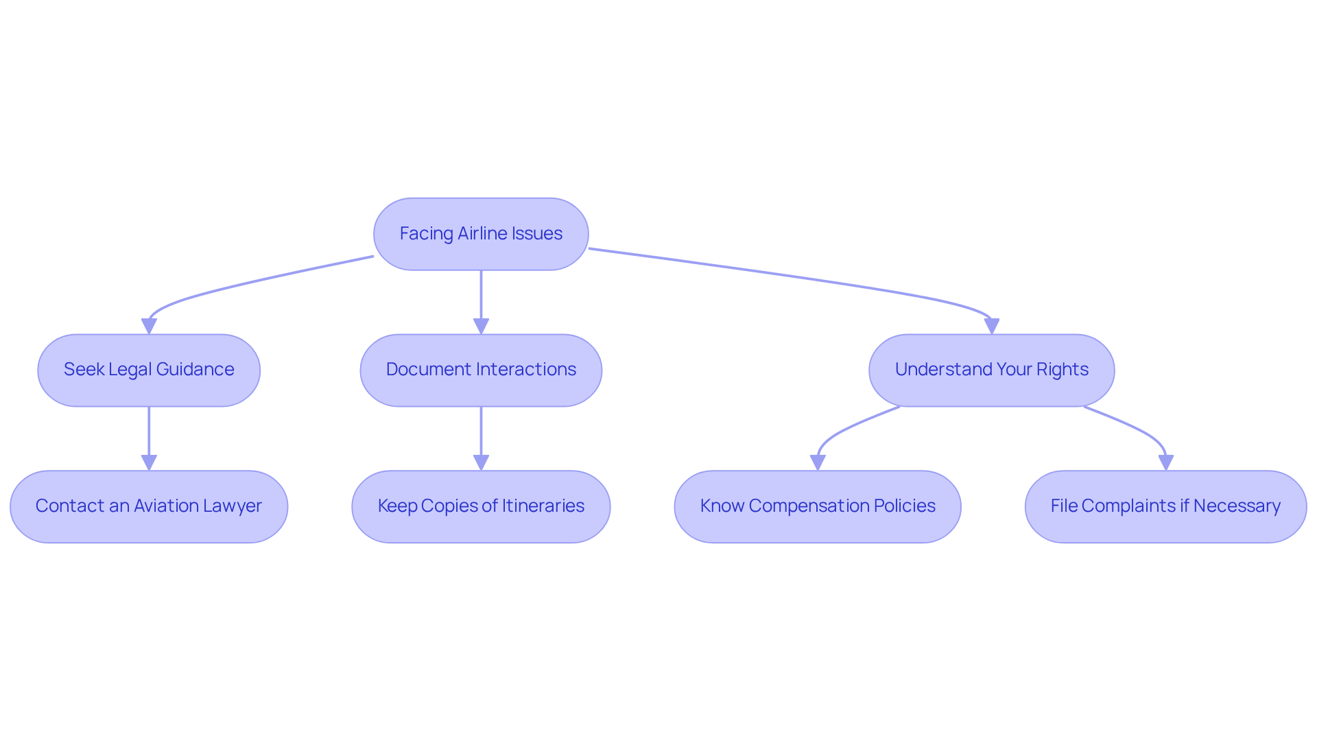 This flowchart guides you through what to do if you encounter issues with airlines. Start at the top and follow the arrows to see each step you should take, from seeking legal help to documenting your experiences.