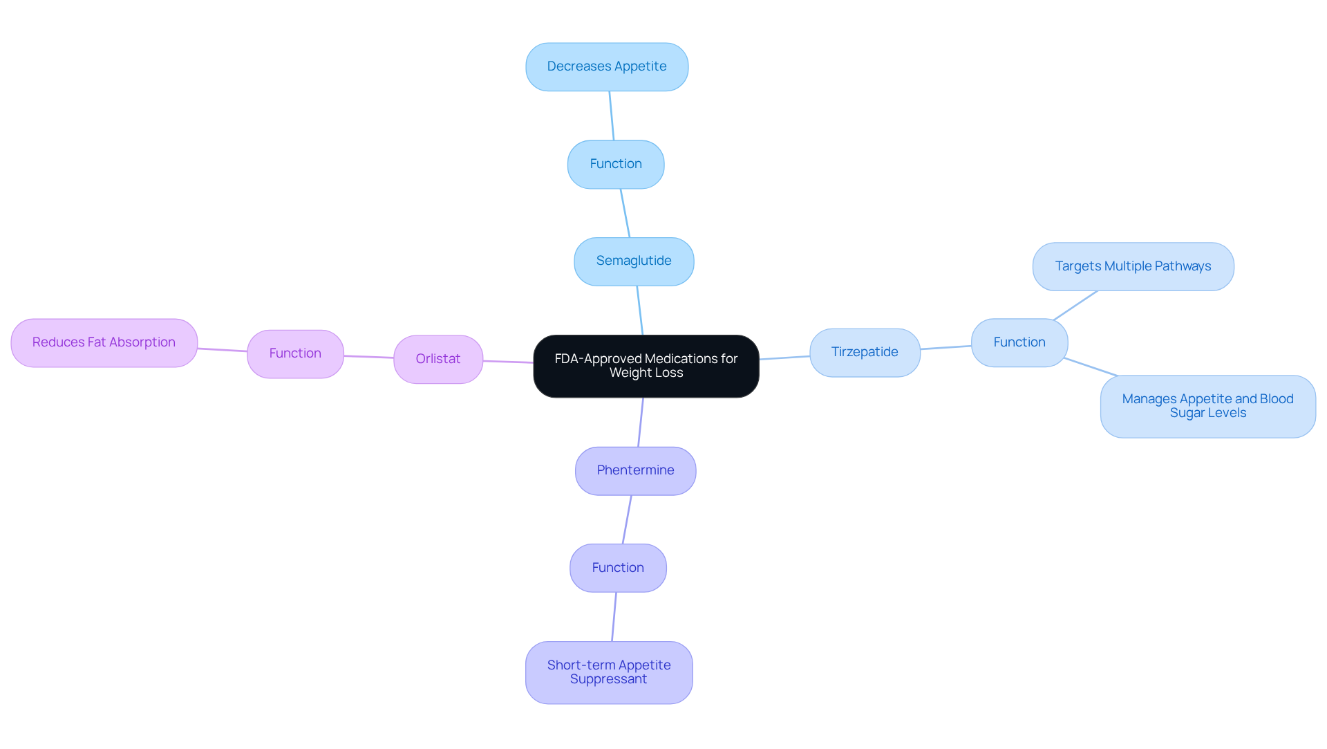 This mindmap starts with the main topic in the center and branches out to show each medication. Each branch explains what the medication does, helping you understand how they can support your weight loss journey.