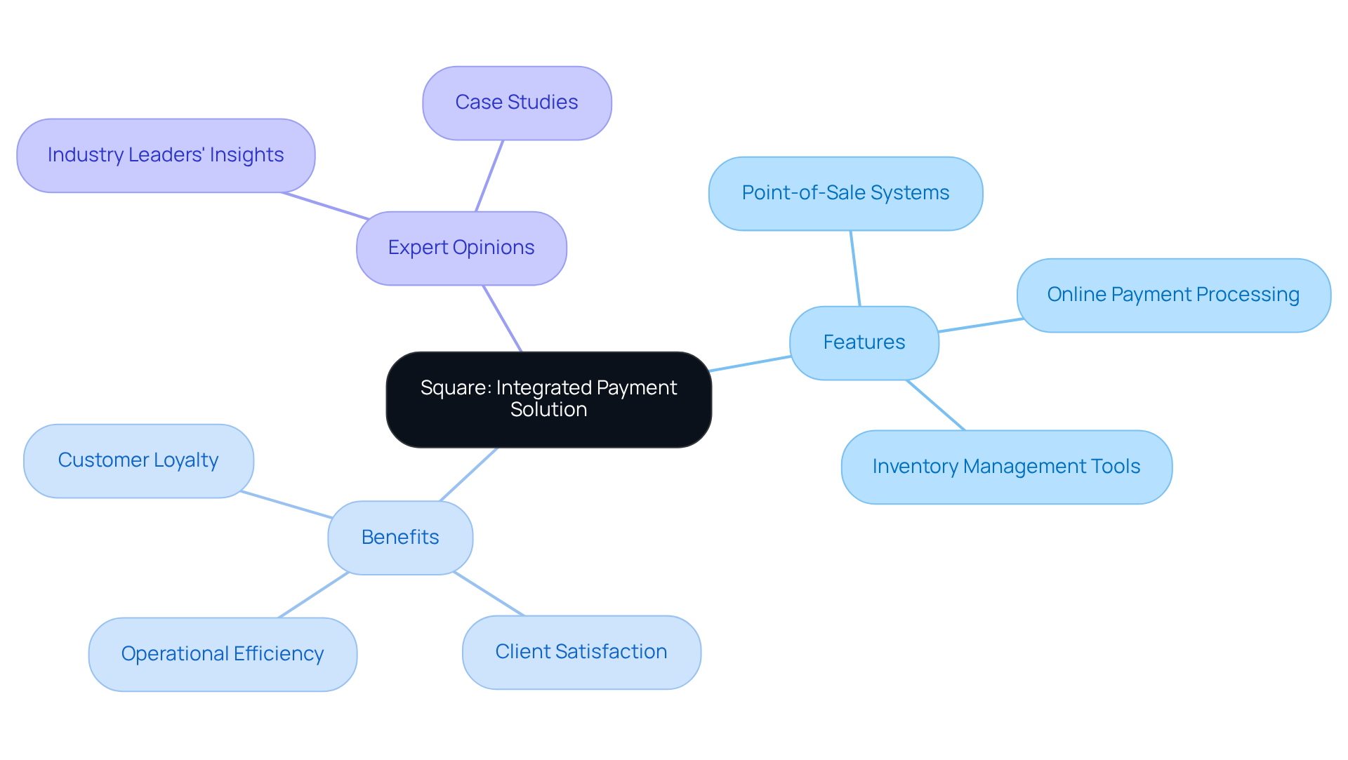 The central node represents Square's payment solution, with branches showing its features and benefits. Each branch highlights how these elements contribute to a better purchasing experience for car sellers.