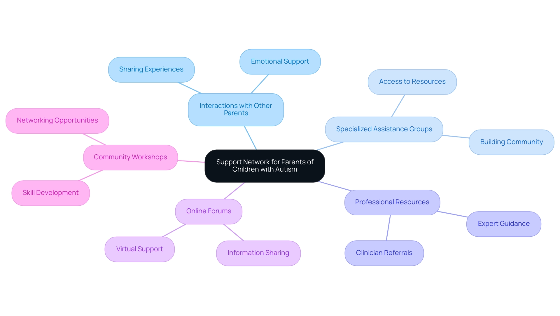 The central node represents the overall support network, with branches illustrating key components and their interconnections.