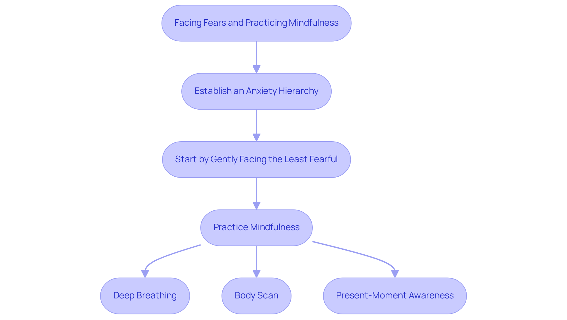 This flowchart guides you through the process of facing your fears and practicing mindfulness. Start at the top and follow the arrows down to see each step you can take, from creating a hierarchy of your worries to practicing mindfulness techniques that help manage stress.
