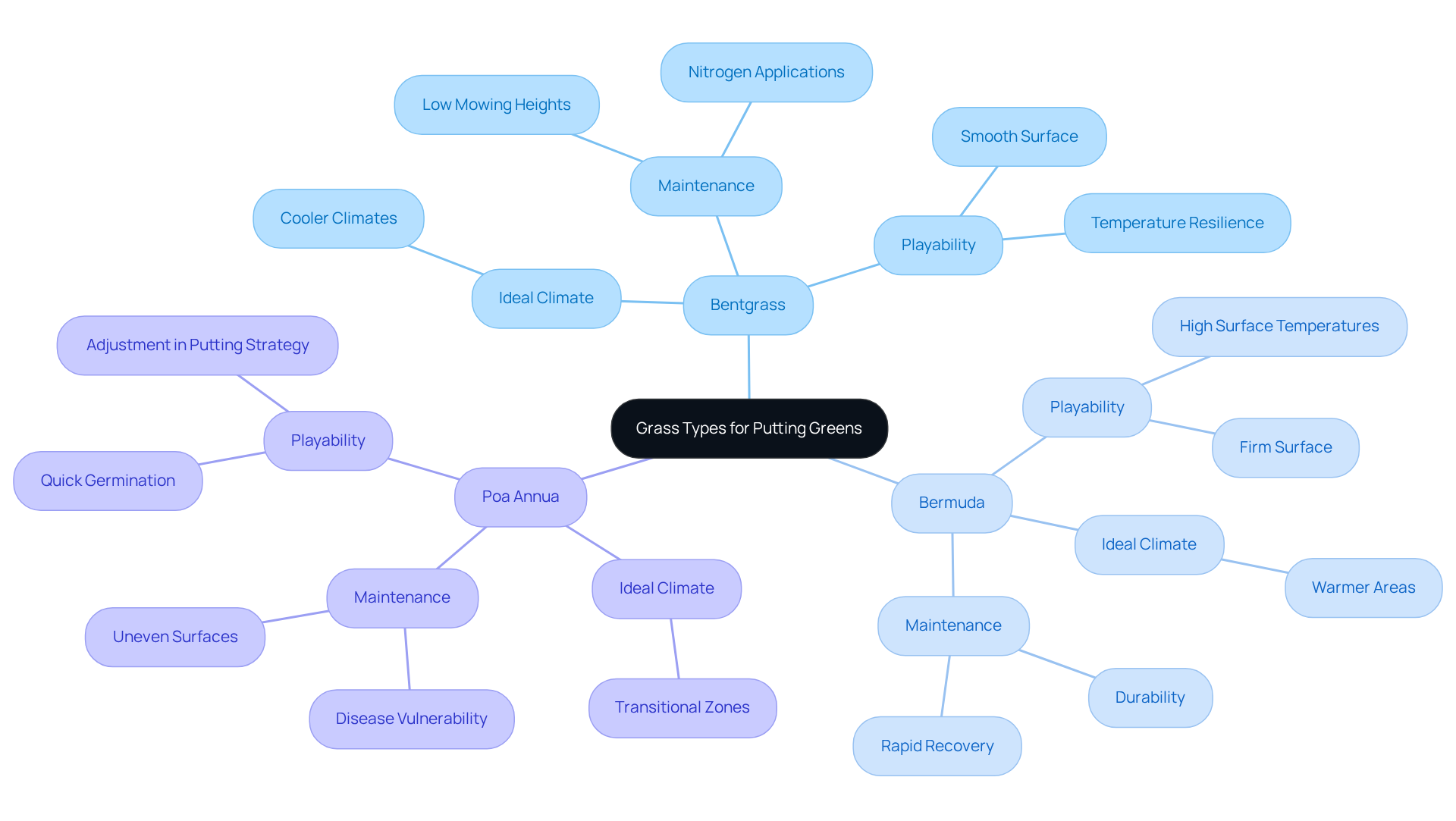 The central node represents the overall topic of grass types for putting greens. Each branch shows a specific type of grass, with further details about its characteristics and suitability for different climates.