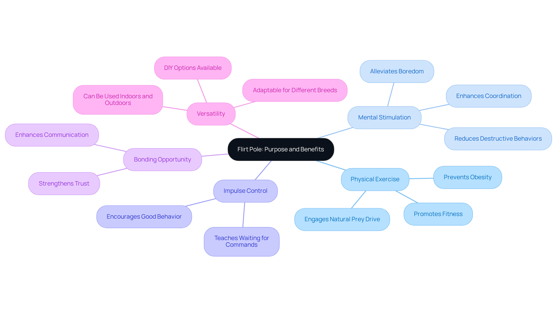 The central node represents the flirt pole, while each branch shows a key benefit. Follow the branches to explore how each aspect contributes to a dog's happiness and well-being.