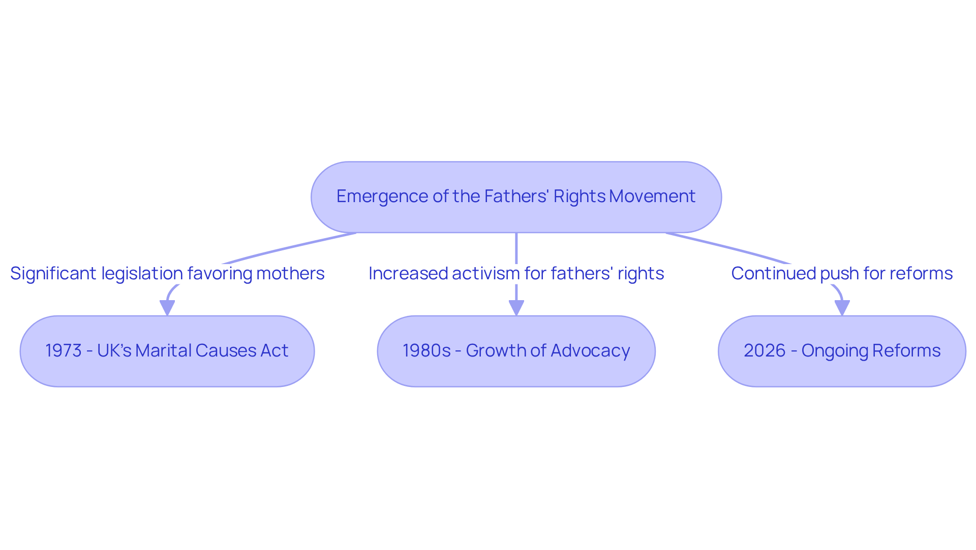 This flowchart illustrates the key milestones in the Fathers' Rights Movement. Each point shows a significant event or development, helping you understand how the movement has evolved over time.