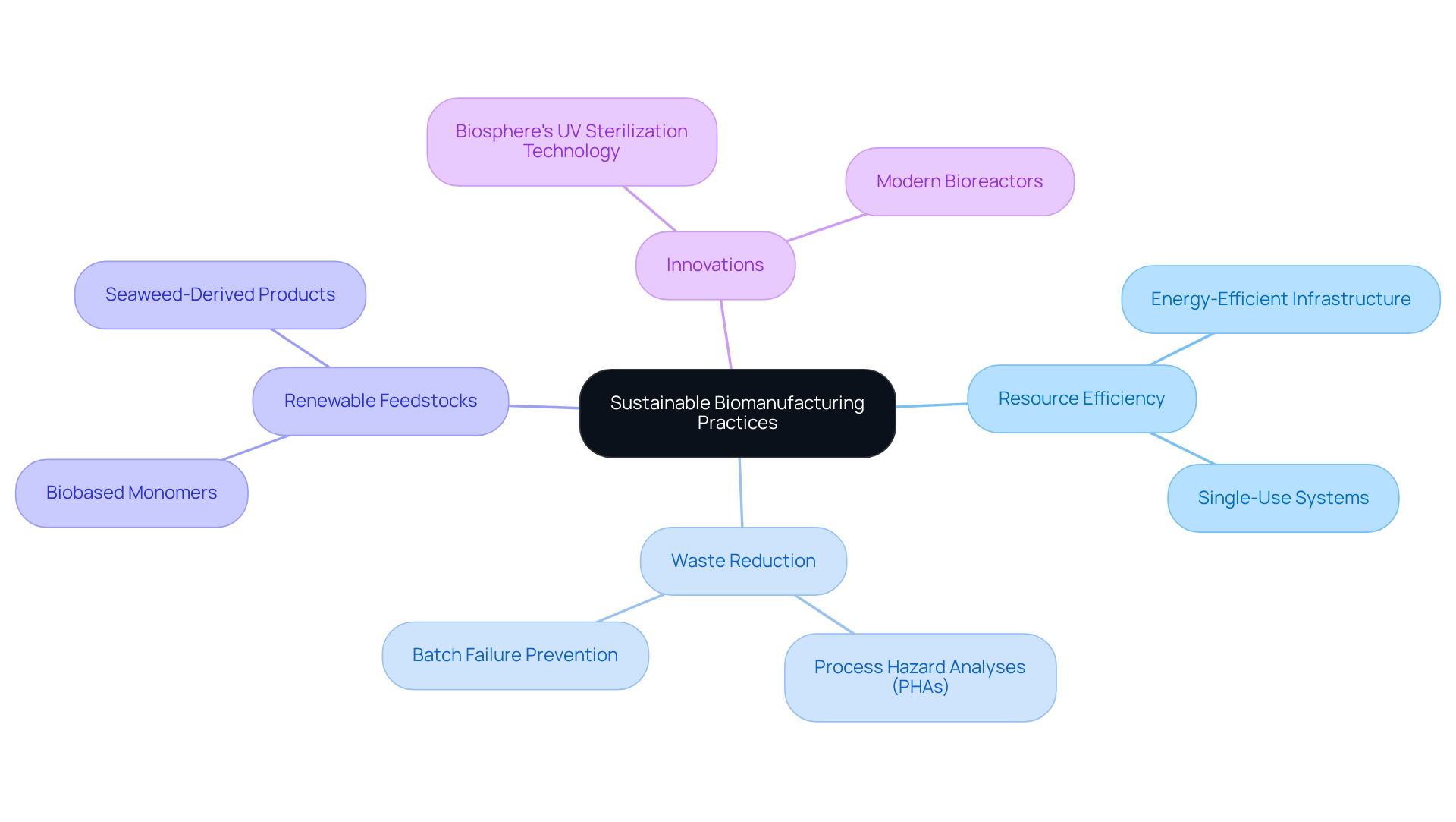 The central node represents the main topic, while branches show key practices and innovations. Each color-coded branch highlights a different aspect of sustainability, making it easy to see how they all connect.