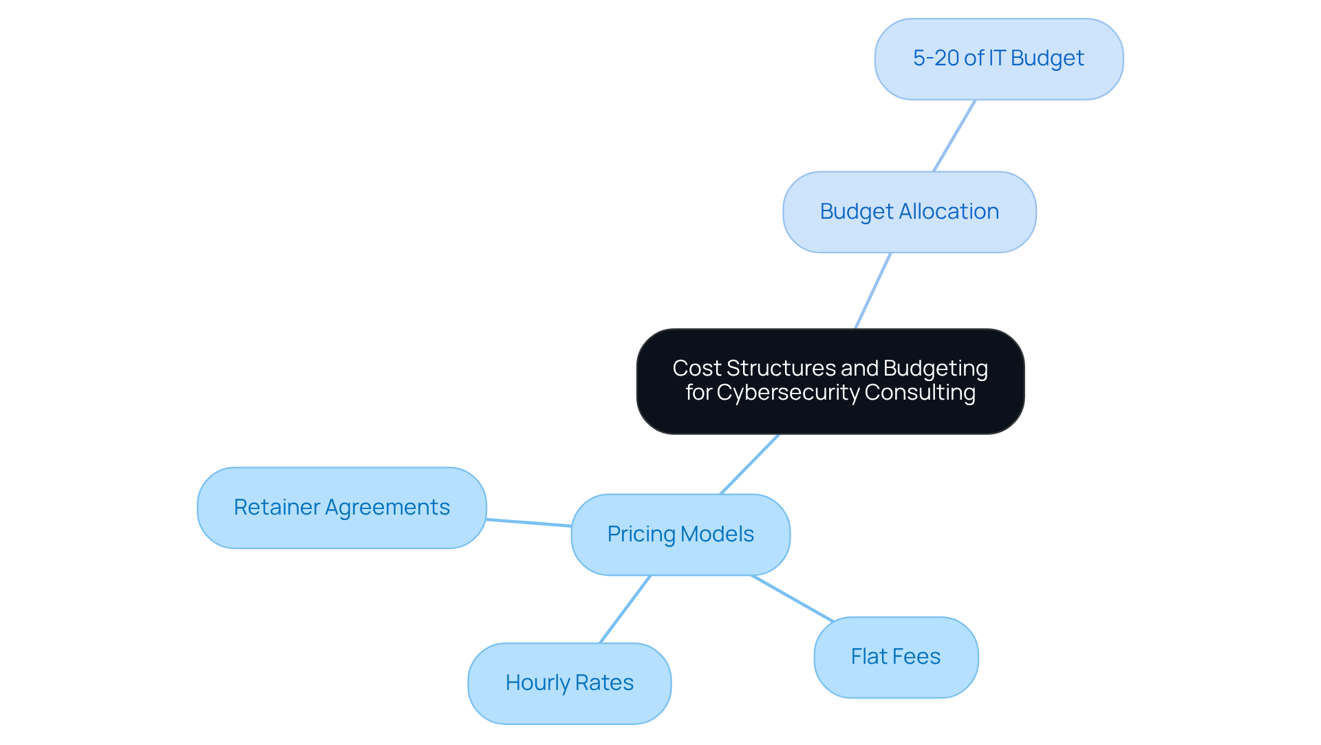 The central node represents the main topic, while the branches show different pricing models and budget allocation guidelines. Each color-coded branch helps you easily identify the key areas of focus.