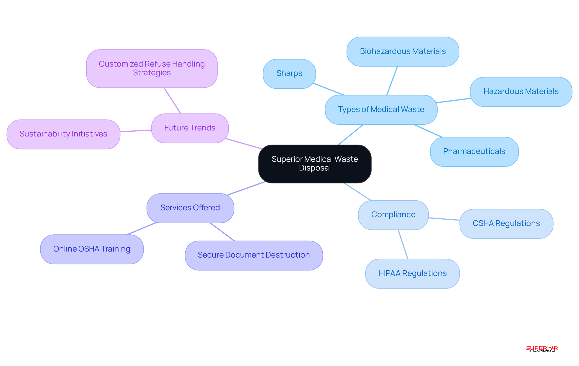 Start at the center with the company's name, then explore the branches to see the different types of waste they manage, their compliance focus, services they provide, and how they plan for the future.
