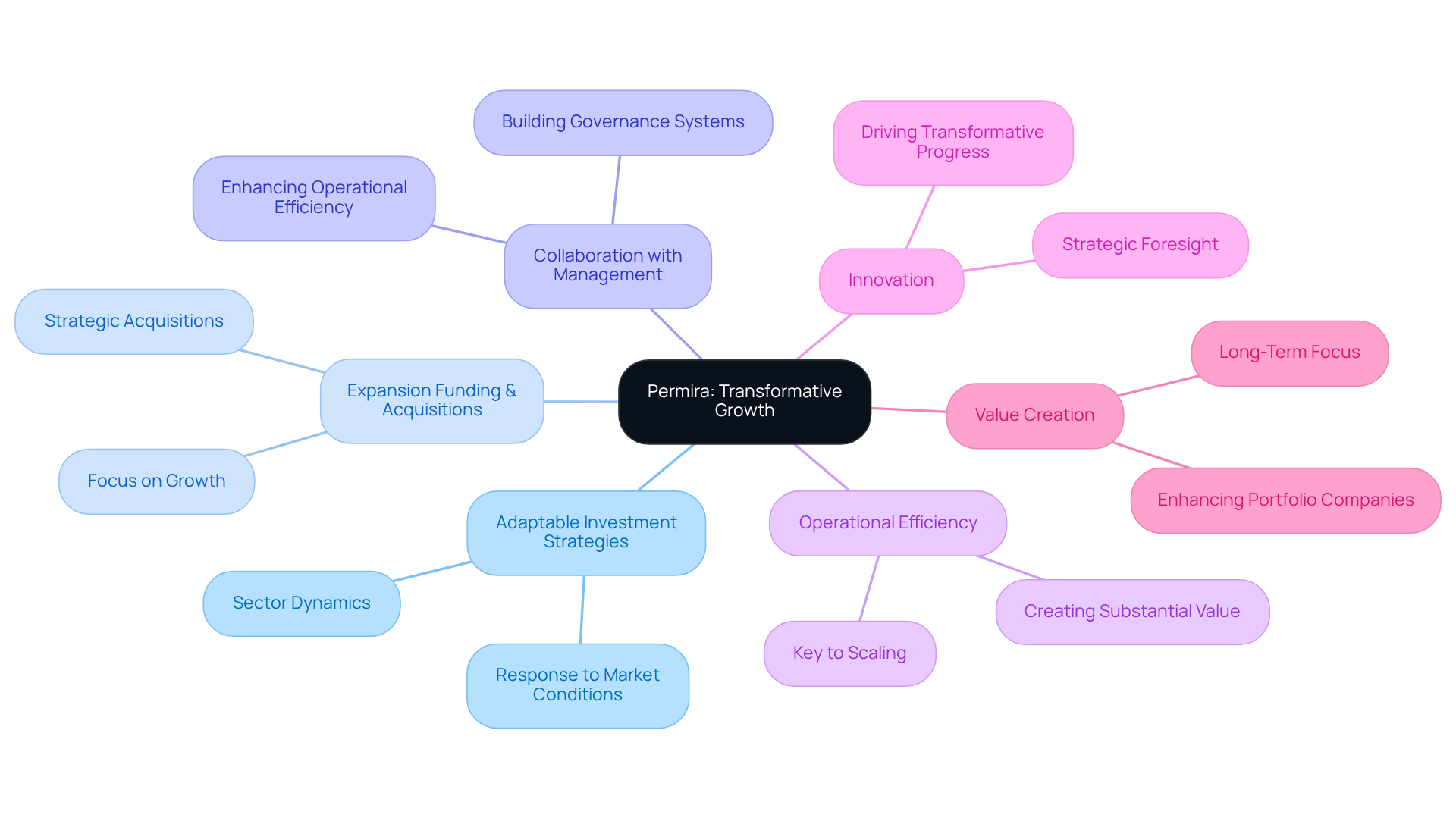The central node represents Permira's overall approach, while the branches illustrate the key strategies and principles that contribute to their success in driving growth across industries.