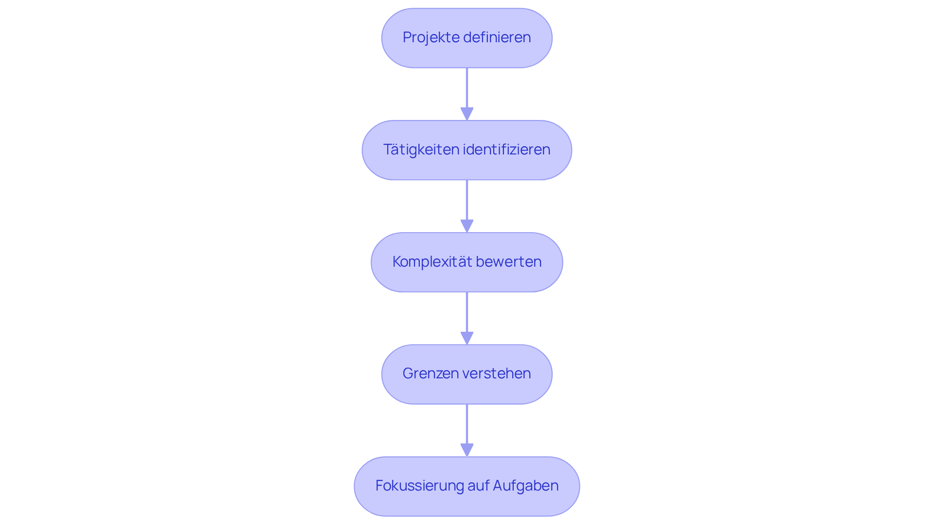 Jeder Schritt zeigt, was Sie tun sollten, um Ihre Projekte besser zu organisieren. Folgen Sie den Pfeilen, um zu sehen, wie Sie von einem Schritt zum nächsten gelangen.