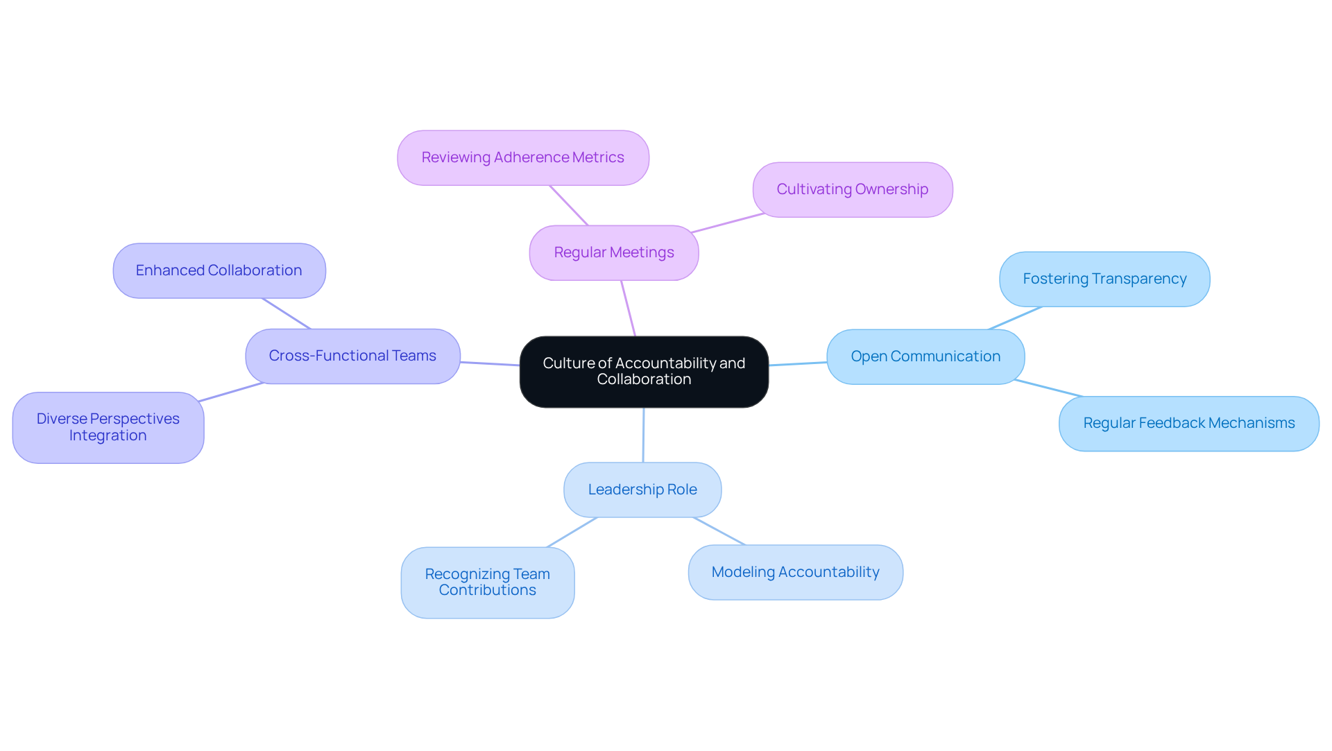 The central idea is about building a culture of accountability and collaboration. Each branch represents a strategy that supports this culture, with further details on specific practices that enhance compliance.