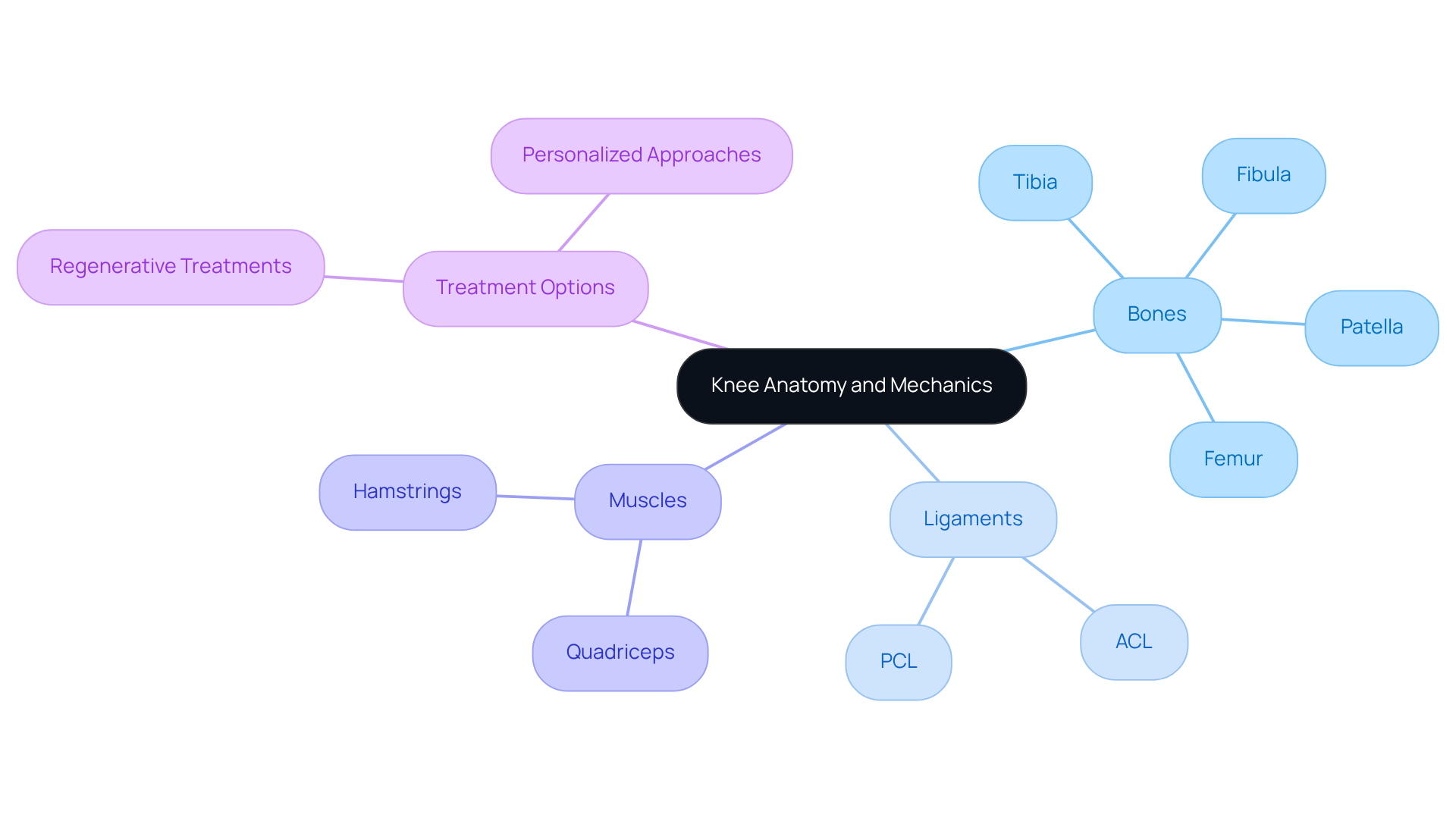 This mindmap illustrates the key components of knee anatomy and how they relate to knee pain. Each branch represents a different aspect of the knee, helping you see how bones, ligaments, and muscles work together, as well as the treatment options available to alleviate pain. This mindmap illustrates the key components of knee anatomy and how they relate to knee pain. Each branch represents a different aspect of the knee, helping you see how bones, ligaments, and muscles work together, as well as the treatment options available to alleviate pain.