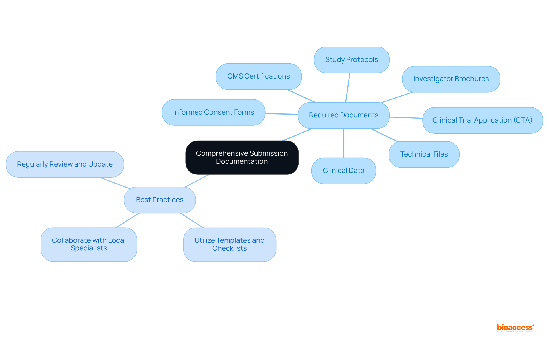 The center represents the main focus of preparing documentation, while the branches illustrate the required documents and best practices. Each branch leads to specific elements that are important for successful regulatory submissions.