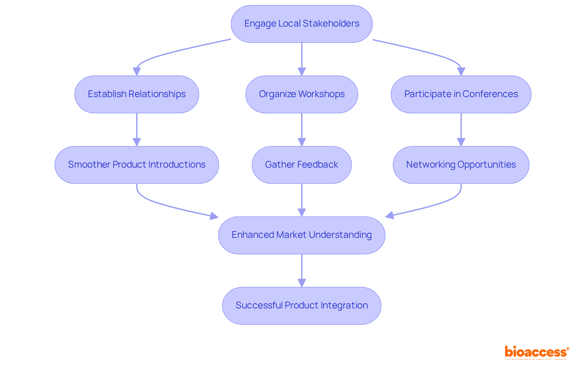 Follow the arrows to see how engaging with local stakeholders leads to better market understanding and successful product integration. Each step builds on the previous one, showing the importance of collaboration.