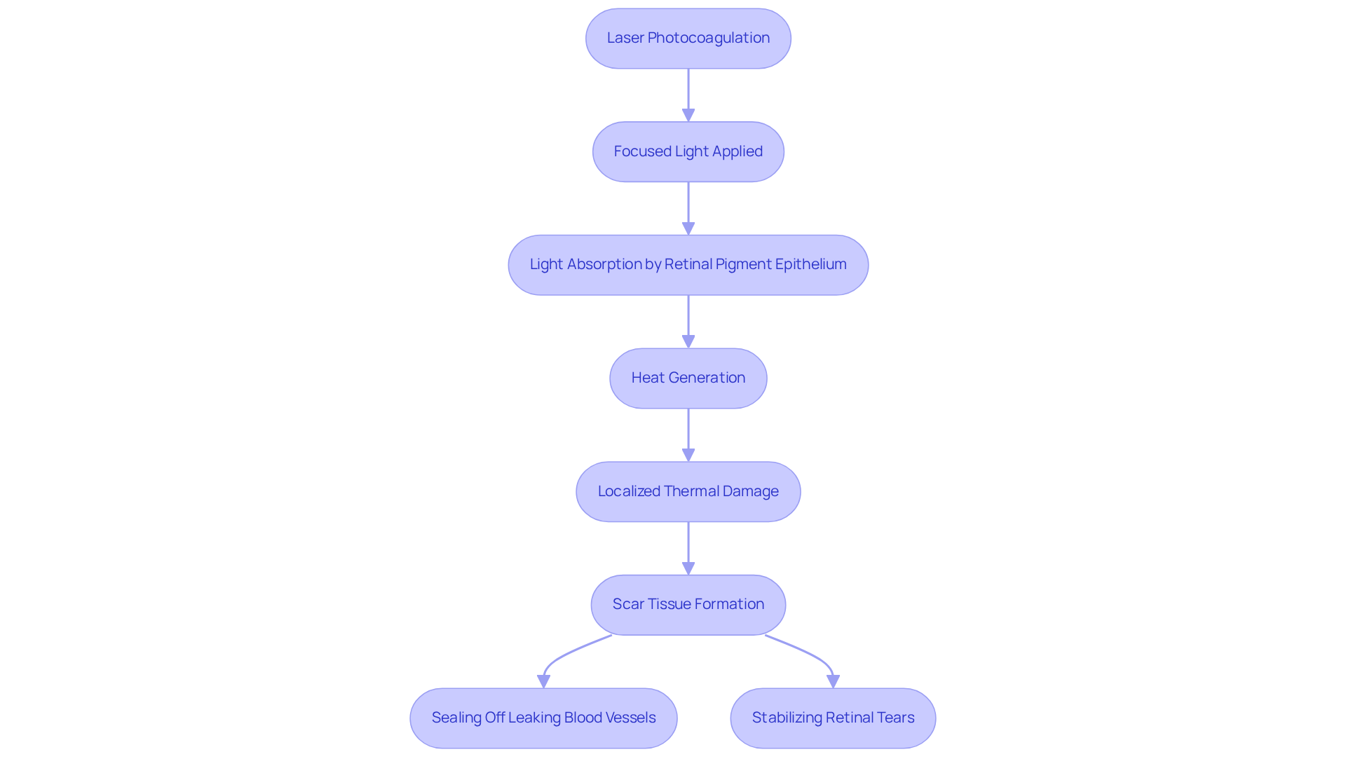 This flowchart shows how laser photocoagulation works. Starting from the application of focused light, follow the arrows through the steps of absorption, heat generation, and damage, leading to the desired outcomes of sealing and stabilizing. Each step is crucial for maintaining vision.