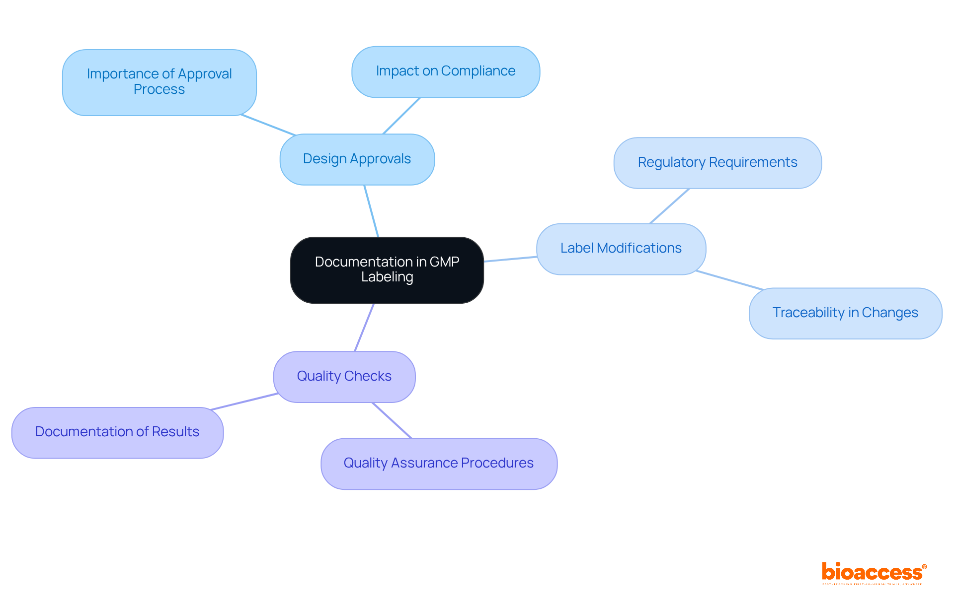 The center of the map shows the overall importance of documentation, while branches highlight specific areas involved in the process. Each color represents a different aspect, helping you understand how they all connect to ensure compliance.