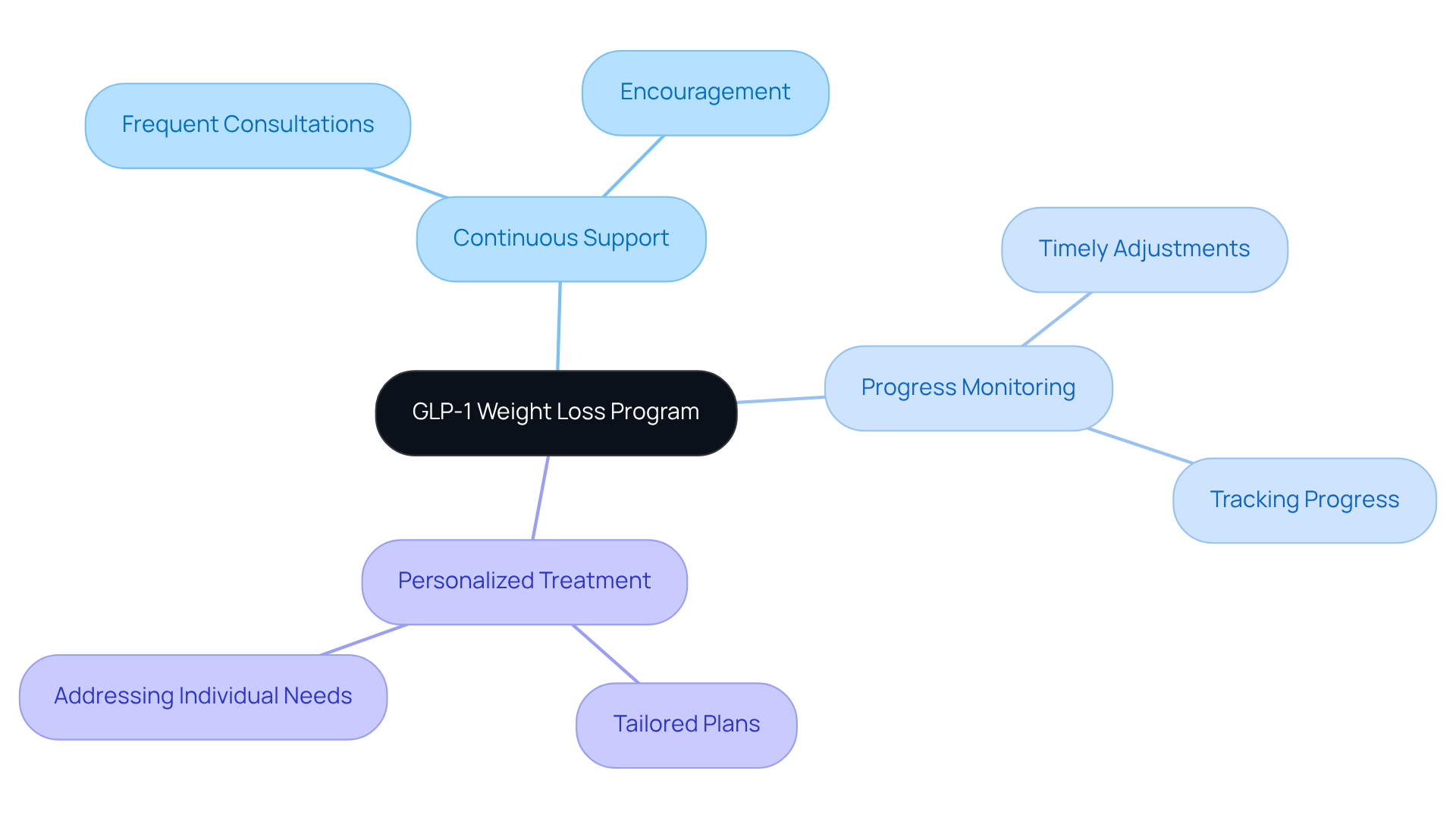 The center represents the weight loss program, with branches showing how support and monitoring work together to help participants achieve their health goals. Each branch highlights a key aspect of the program.