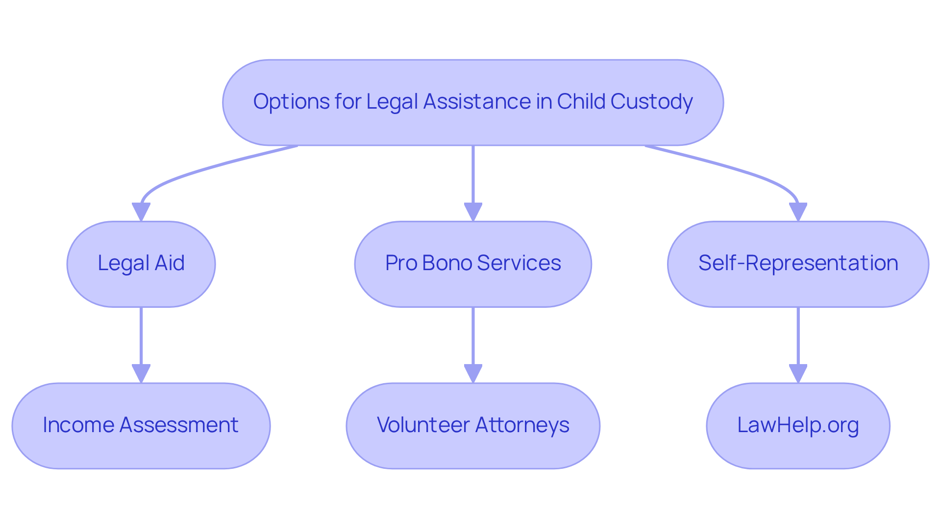 This flowchart shows the different paths you can take if you can't afford a lawyer for child custody. Start at the top with the main options, then follow the arrows to see specific resources and steps you can take under each option.