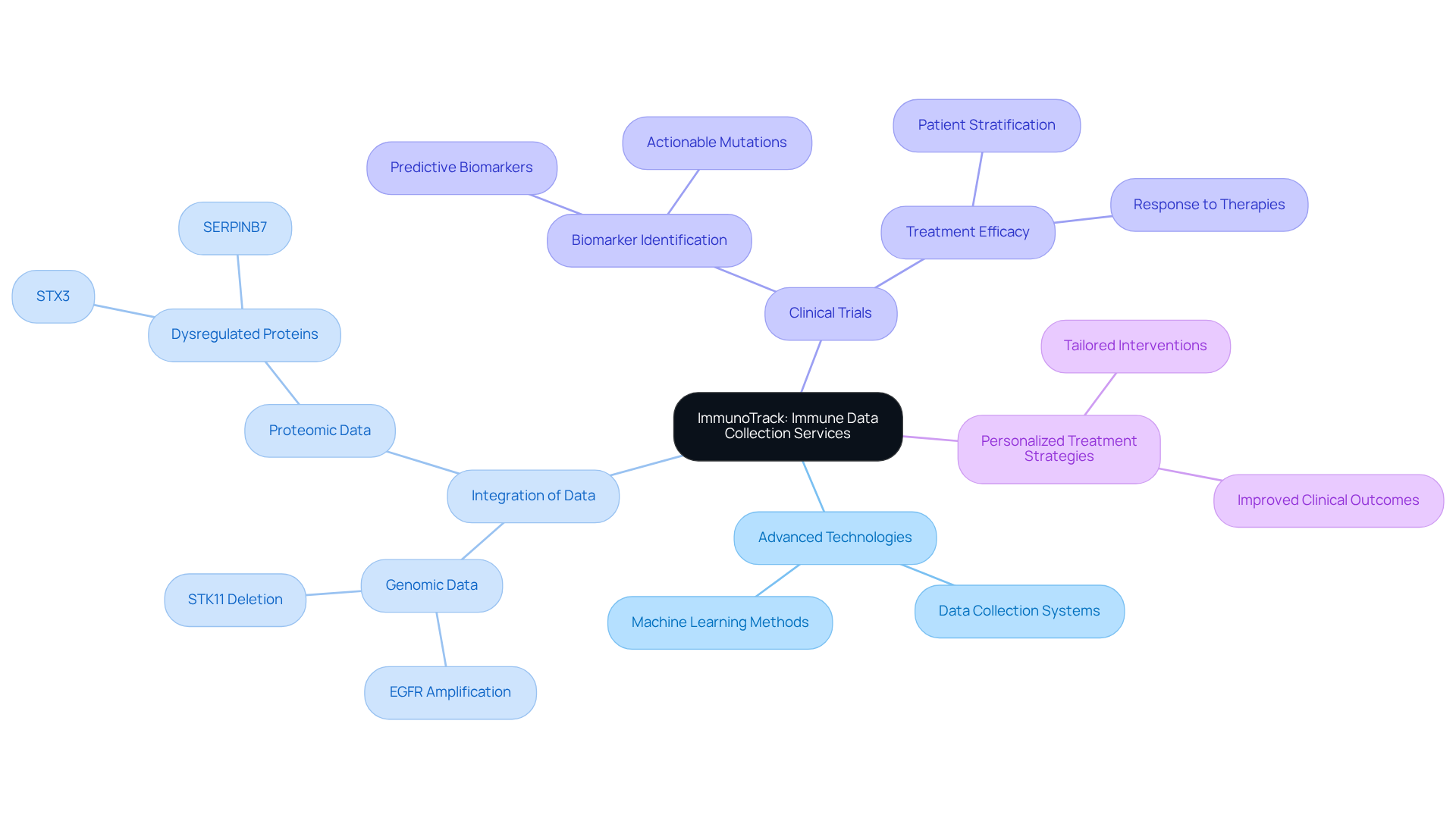 The central node represents ImmunoTrack's services, while the branches show how different aspects like technology and data integration contribute to better understanding and treatment of immune responses.