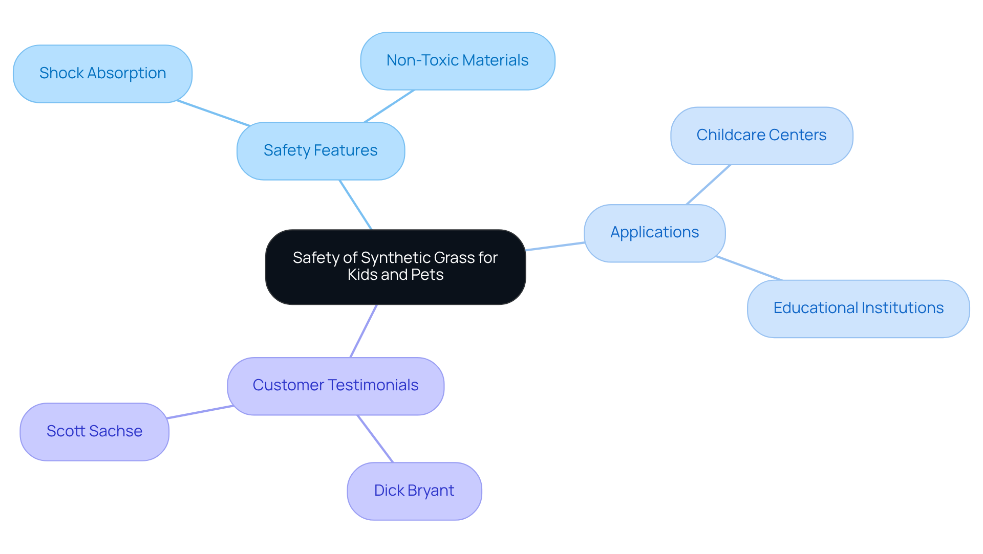 The central node represents the overall theme of safety, while the branches show specific features, where they are used, and what customers say about them. Each color-coded branch helps you easily identify different aspects of the topic.