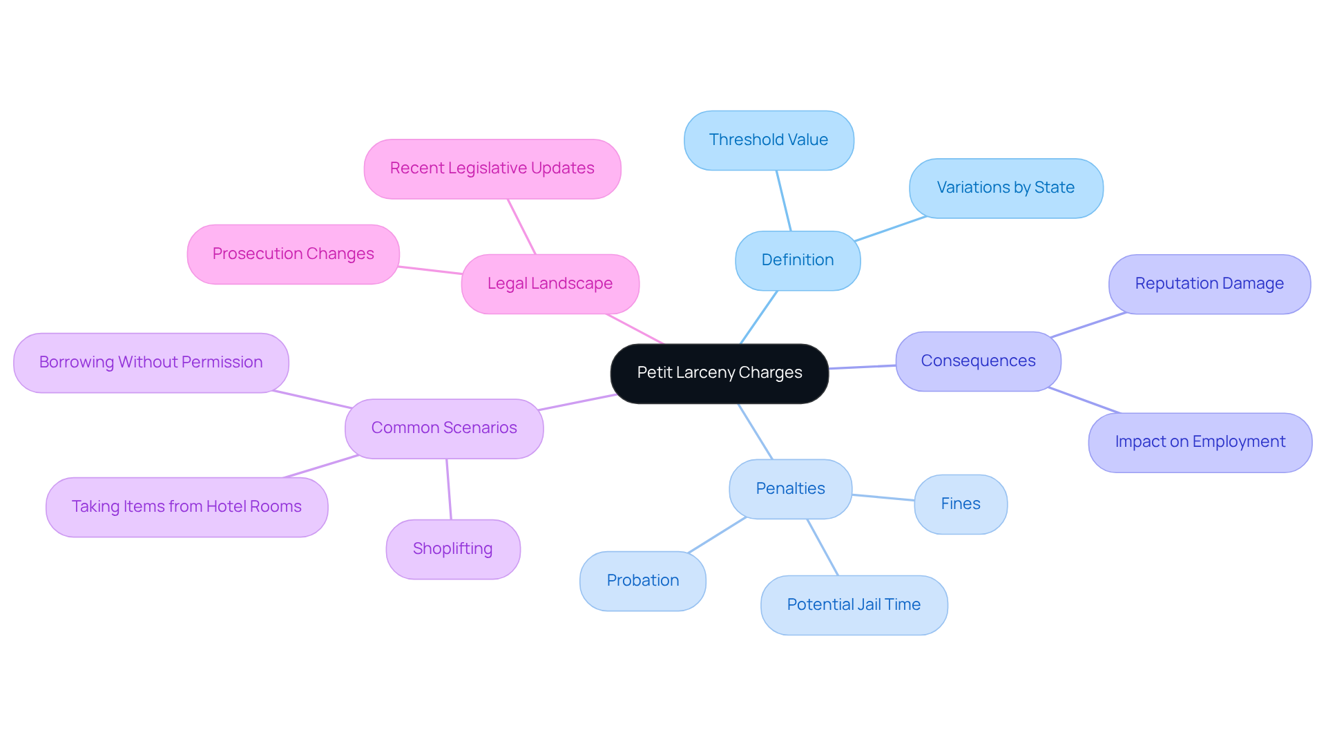This mindmap starts with the main topic of petit larceny charges at the center. Each branch represents a different aspect of the topic, helping you see how they connect and what you need to know about facing these charges.