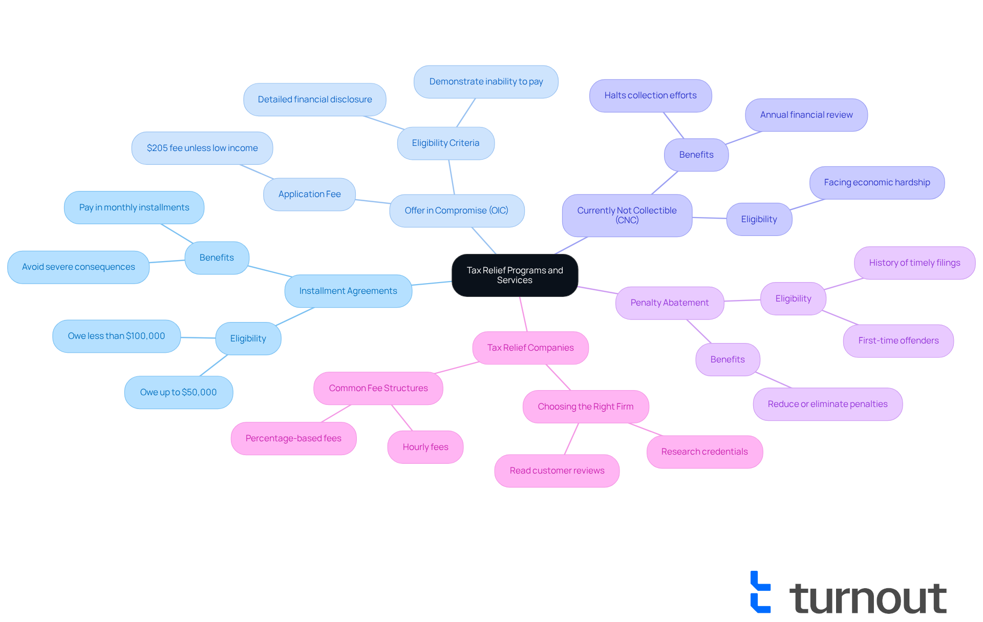 The central node represents the overall topic of tax relief, with branches detailing specific programs. Each program's sub-branches provide essential information you need to understand your options better.