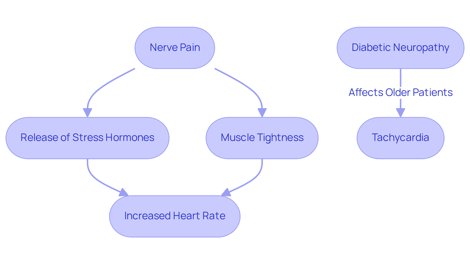 This flowchart shows how nerve pain can lead to an increased heart rate. Start with nerve pain at the top, then follow the arrows to see how it causes stress hormones to be released and muscle tightness, both of which contribute to a faster heart rate. The note about diabetic neuropathy highlights its specific impact on older patients.