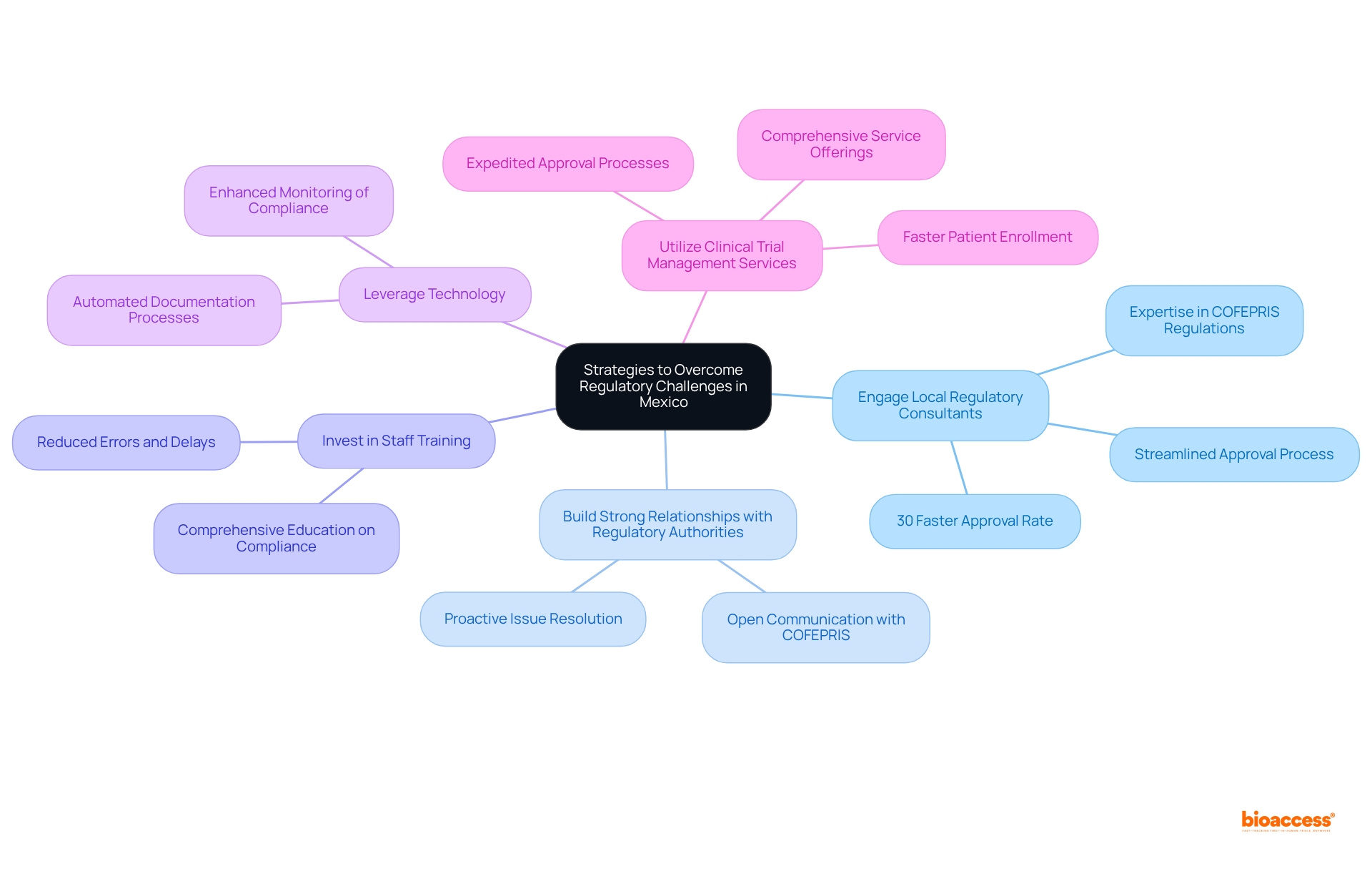 The central node represents the main theme, while each branch details a specific strategy. Sub-branches provide additional insights or statistics related to each strategy, helping you understand how to tackle regulatory challenges effectively.