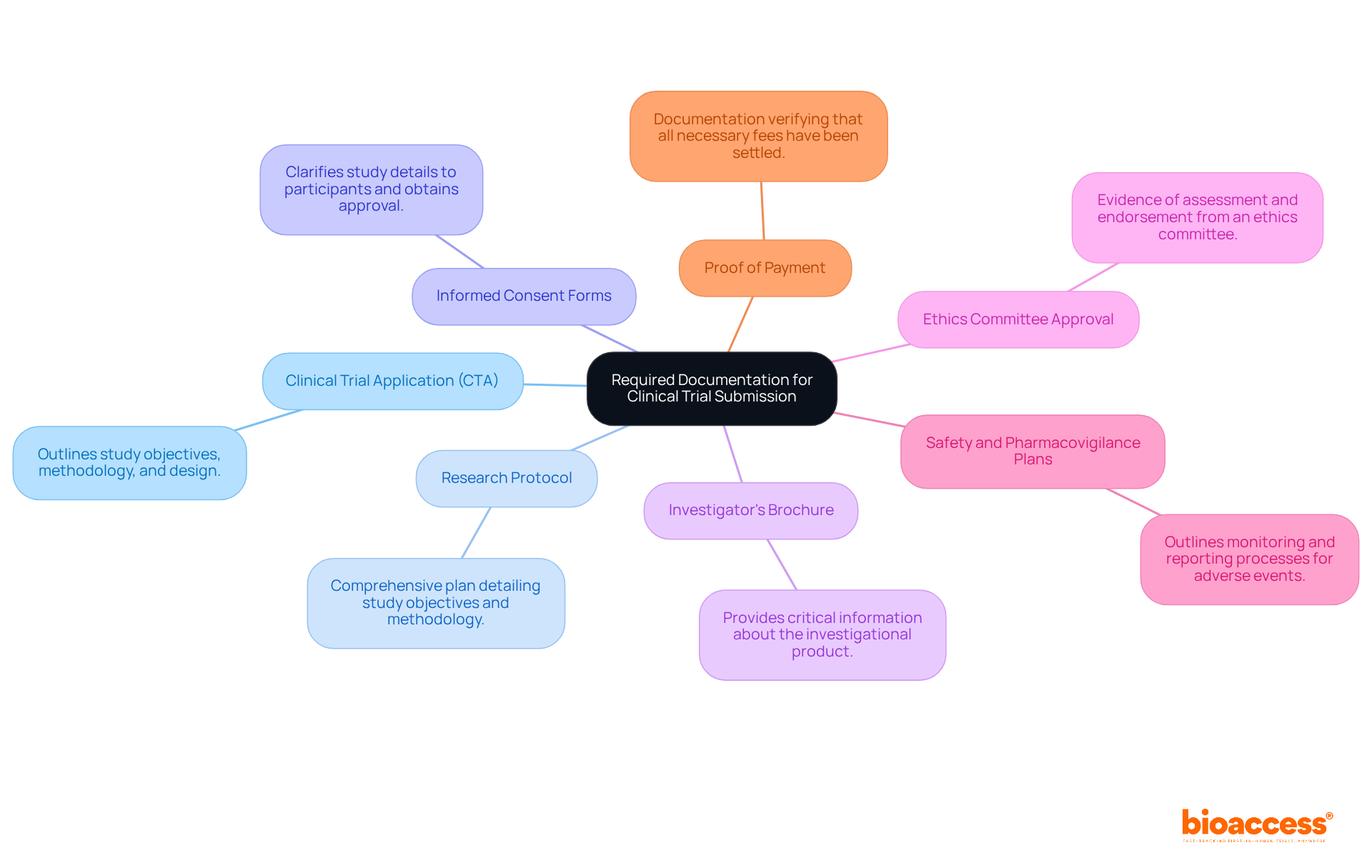 The central node represents the main topic, while each branch shows a specific document needed for submission. The descriptions help explain why each document is important.